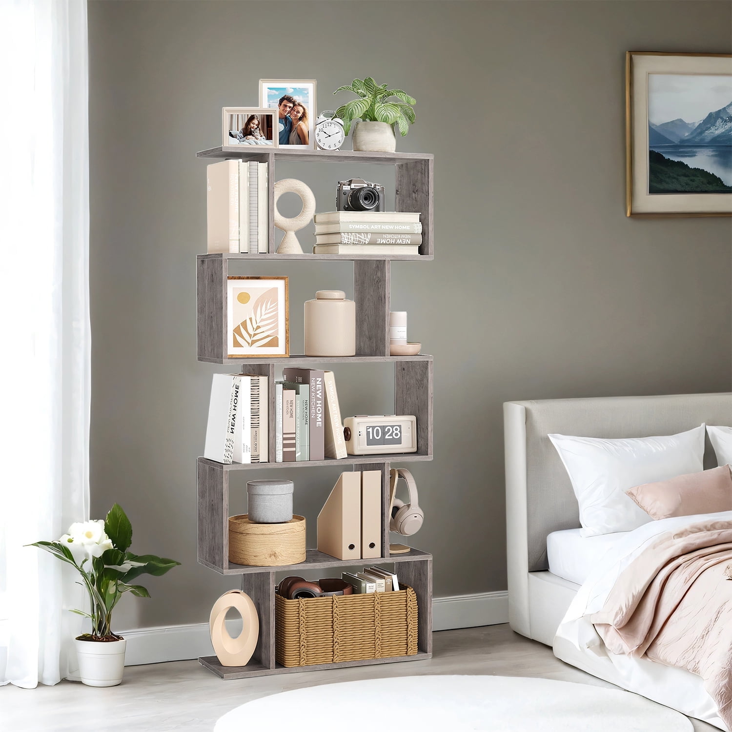 LEDREM 5-Tier Wooden Bookcase - Display Shelf & Room Divider, 33lb ...