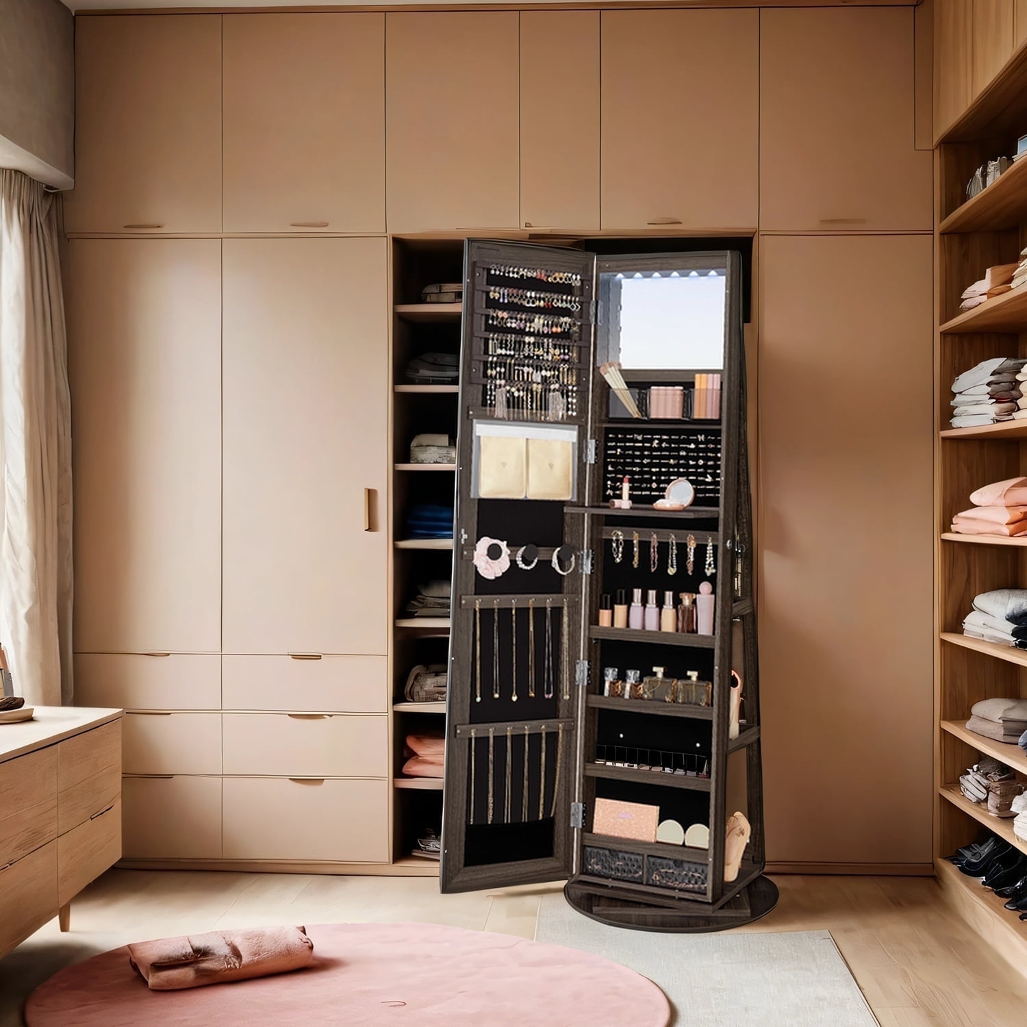 6-LED Lockable Jewelry Cabinet & Vanity Organizer, 360° Swivel Standing ...