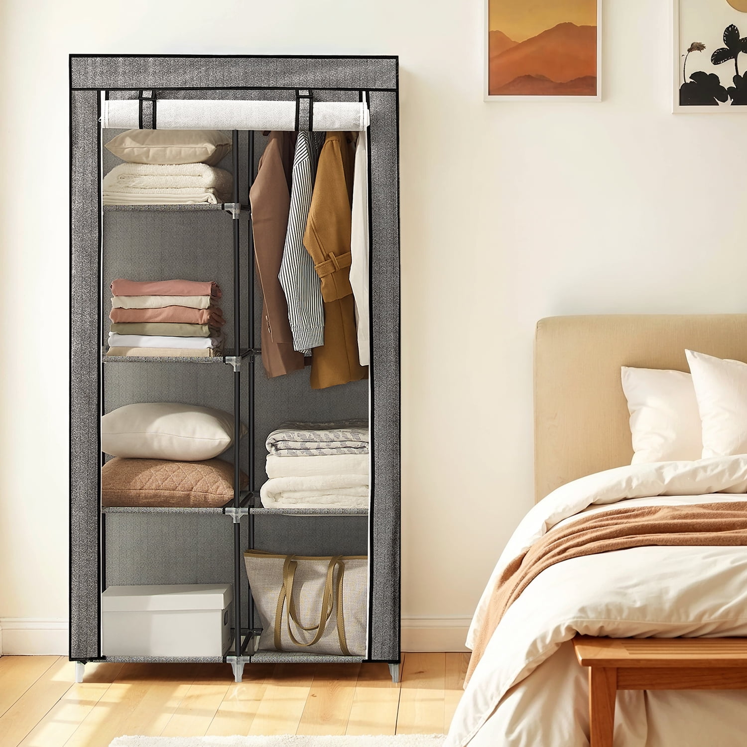 LEDREM 6-Shelf Portable Closet with Hanging Rail , Fabric Wardrobe ...