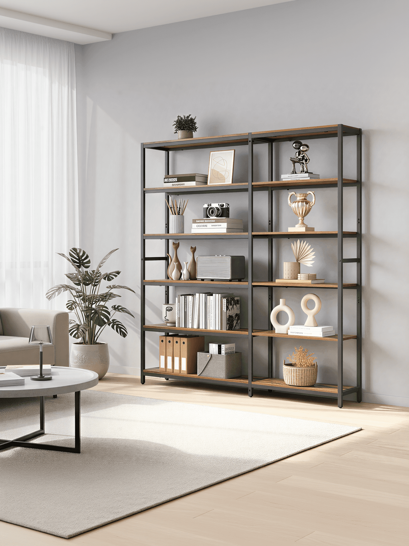 LEDREM 6-Tier Industrial Bookshelf with Metal Frame, Convertible ...