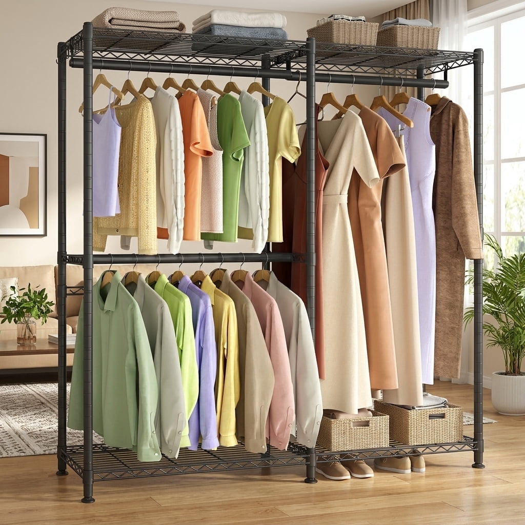 LEDREM Clothing Rack with Adjustable Shelves & Hanging Rails, Heavy ...