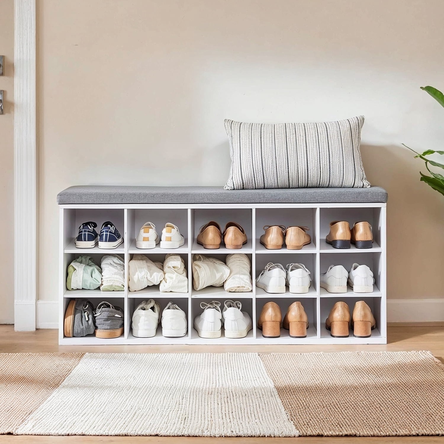 LEDREM Entryway Shoe Bench with Storage - 15-Compartment Organizer with ...