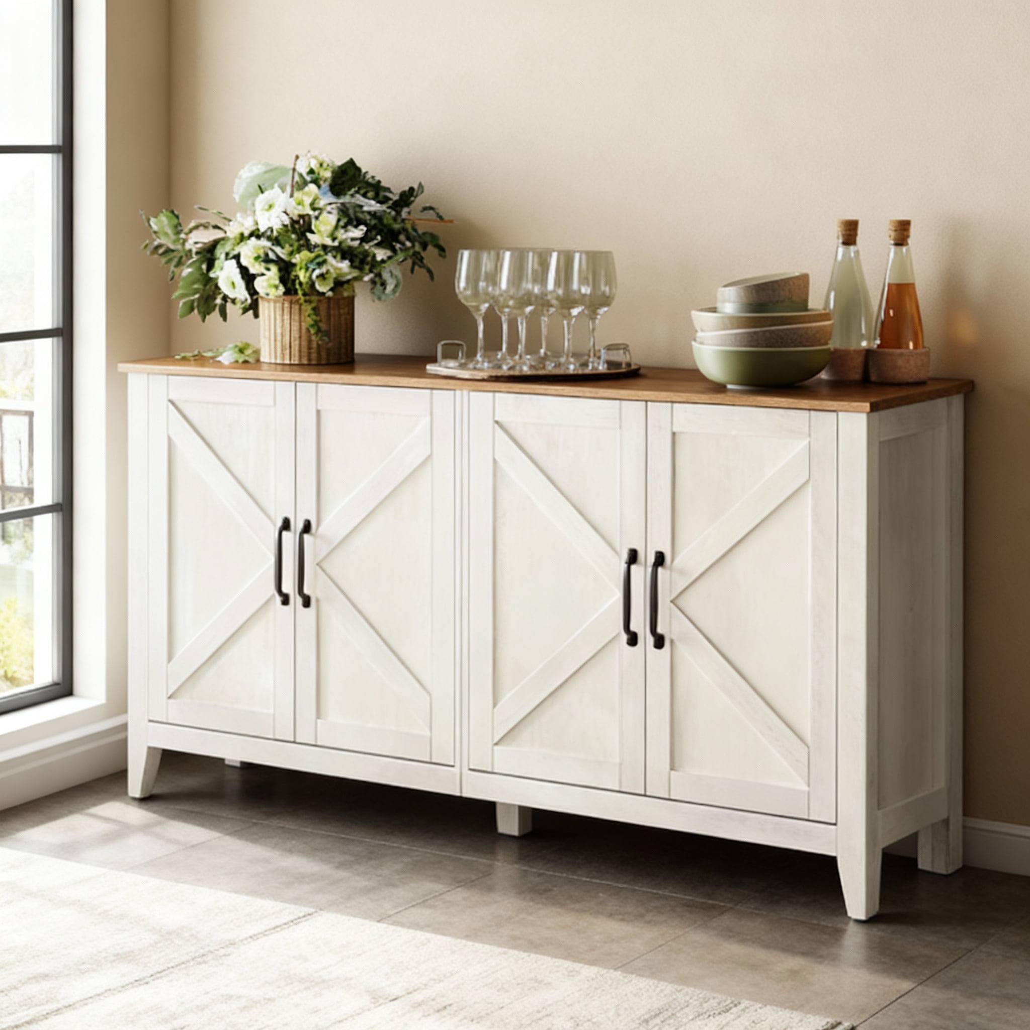 LEDREM Farmhouse Buffet Cabinet, Sideboard with 4 Doors, 2 Adjustable ...