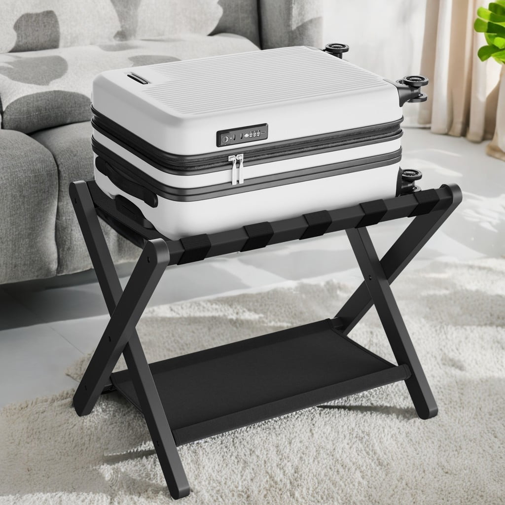 Folding Luggage Rack with Storage Shelf, Heavy-Duty Bamboo Frame ...