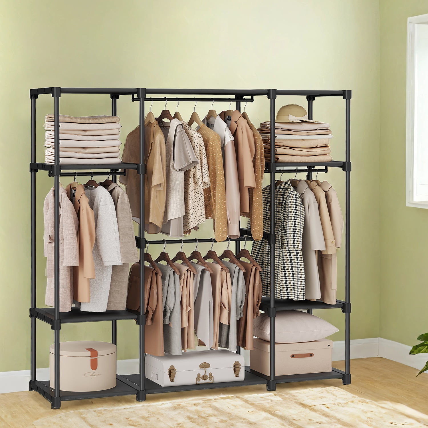 LEDREM Freestanding Closet Organizer with Shelves & Hanging Rods ...
