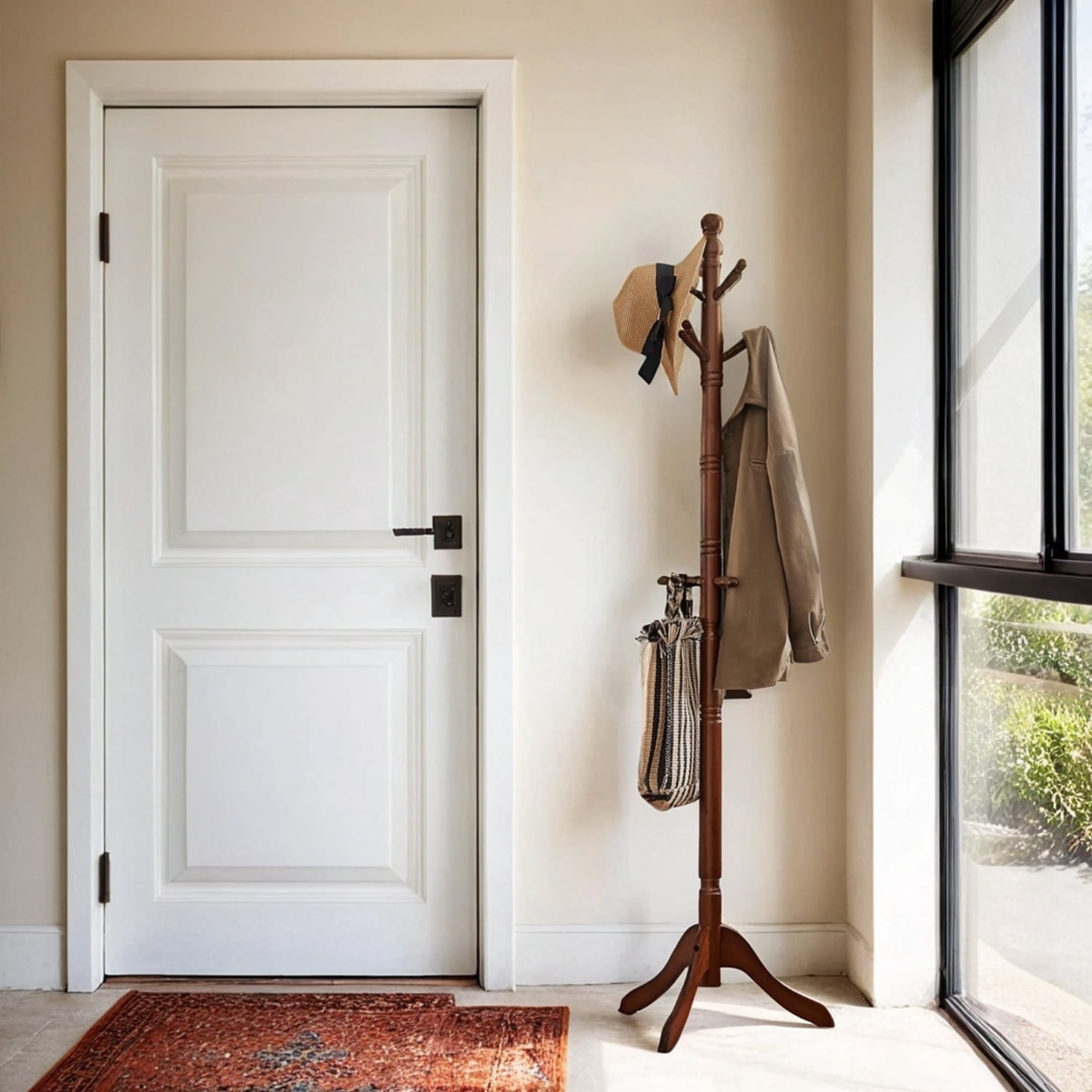 Freestanding Coat Rack Stand, 10-Hook Solid Rubberwood Entryway Hall ...