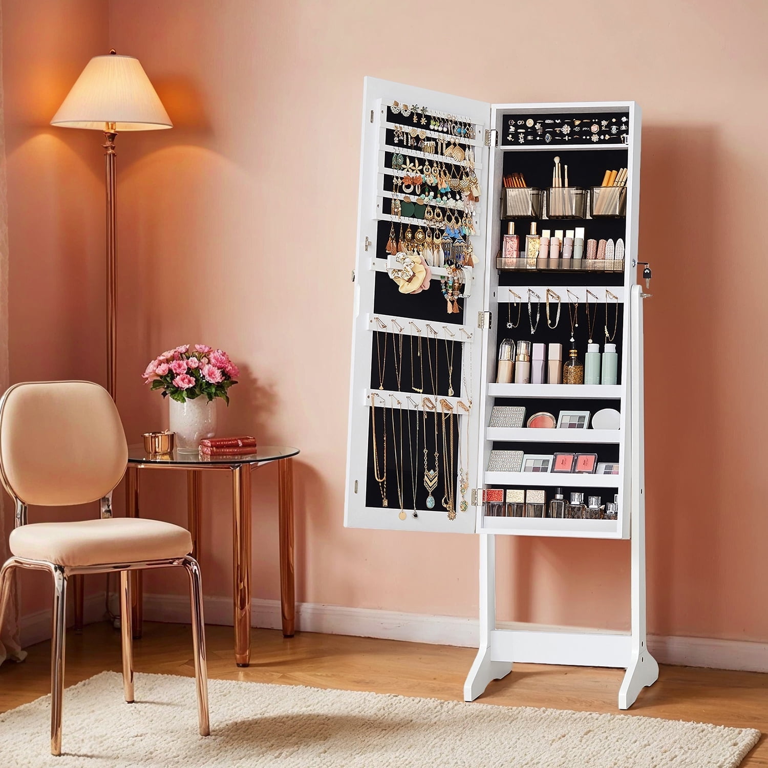 LEDREM Freestanding Jewelry Armoire with Full-Length Mirror, Lockable ...