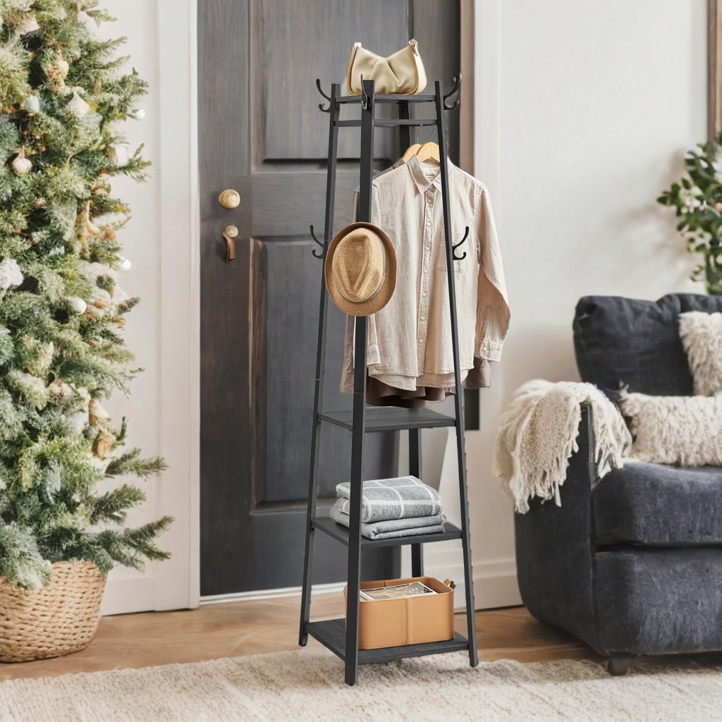 LEDREM Industrial Coat Rack Stand with 3-Tier Shelves, Hanging Rods ...