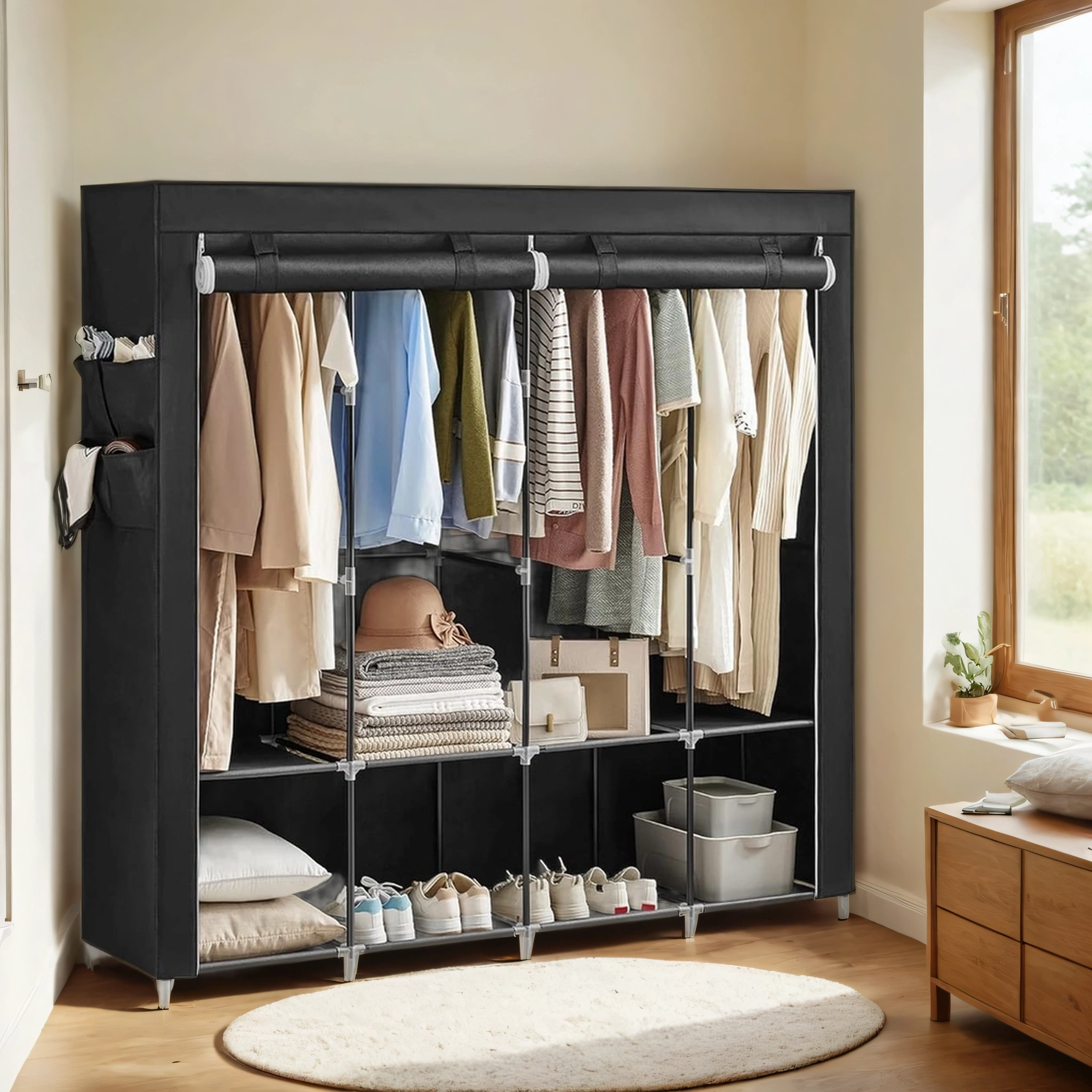 LEDREM Large Wardrobe Closet with 4 Hanging Rods & 4 Side Pockets ...