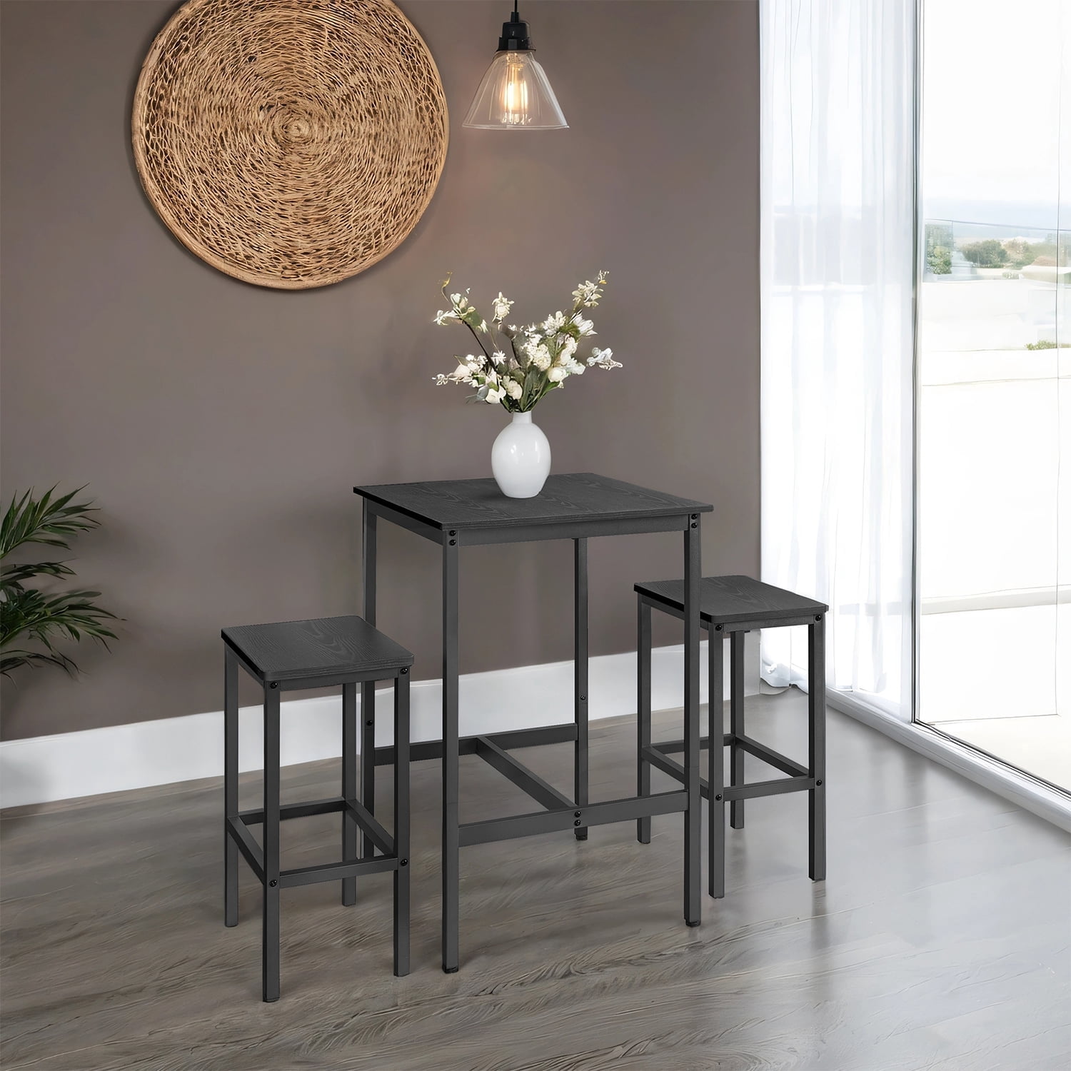 LEDREM Modern Square Bar Table Set with 2 Stools, Compact 2-Person ...