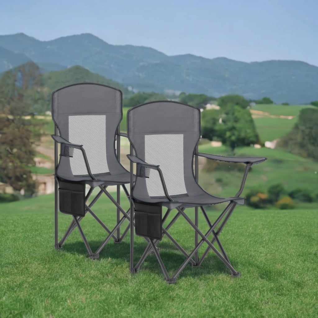 LEDREM Premium Folding Camping Chairs Set of 2 - High Back Mesh Design ...