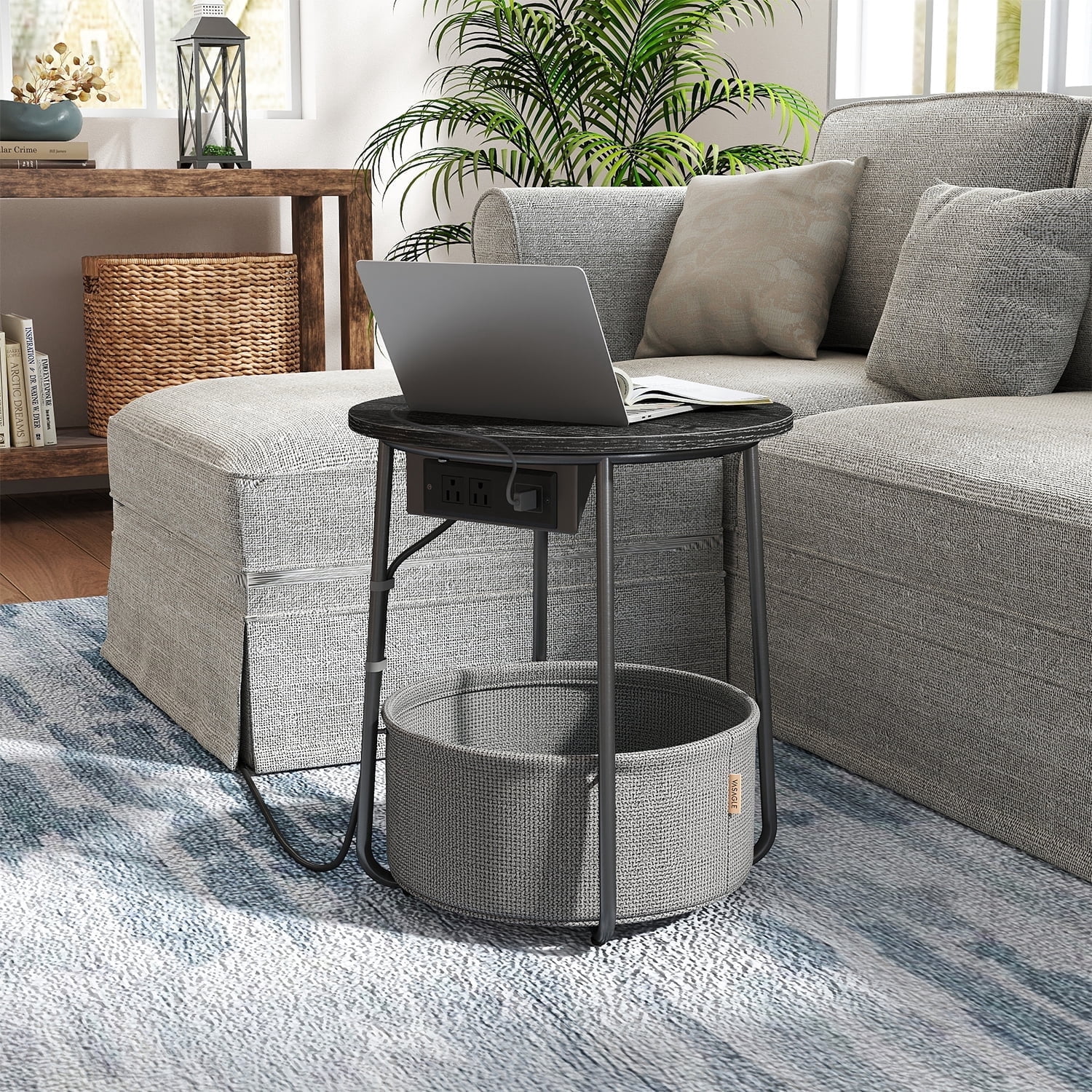 LEDREM Round Charging Side Table - End Table with 2 Outlets & Fabric ...
