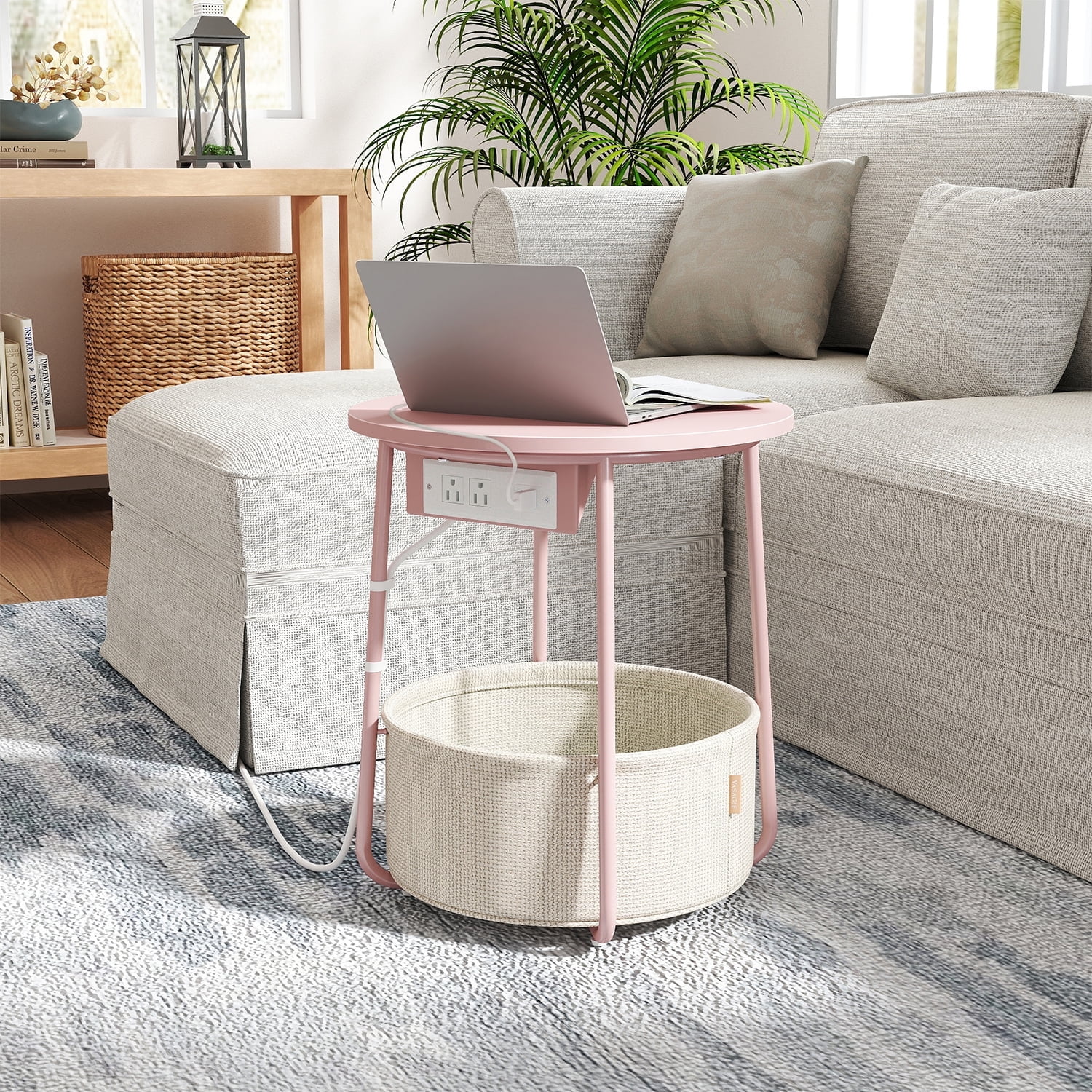 LEDREM Round Charging Side Table - End Table with 2 Outlets & Fabric ...