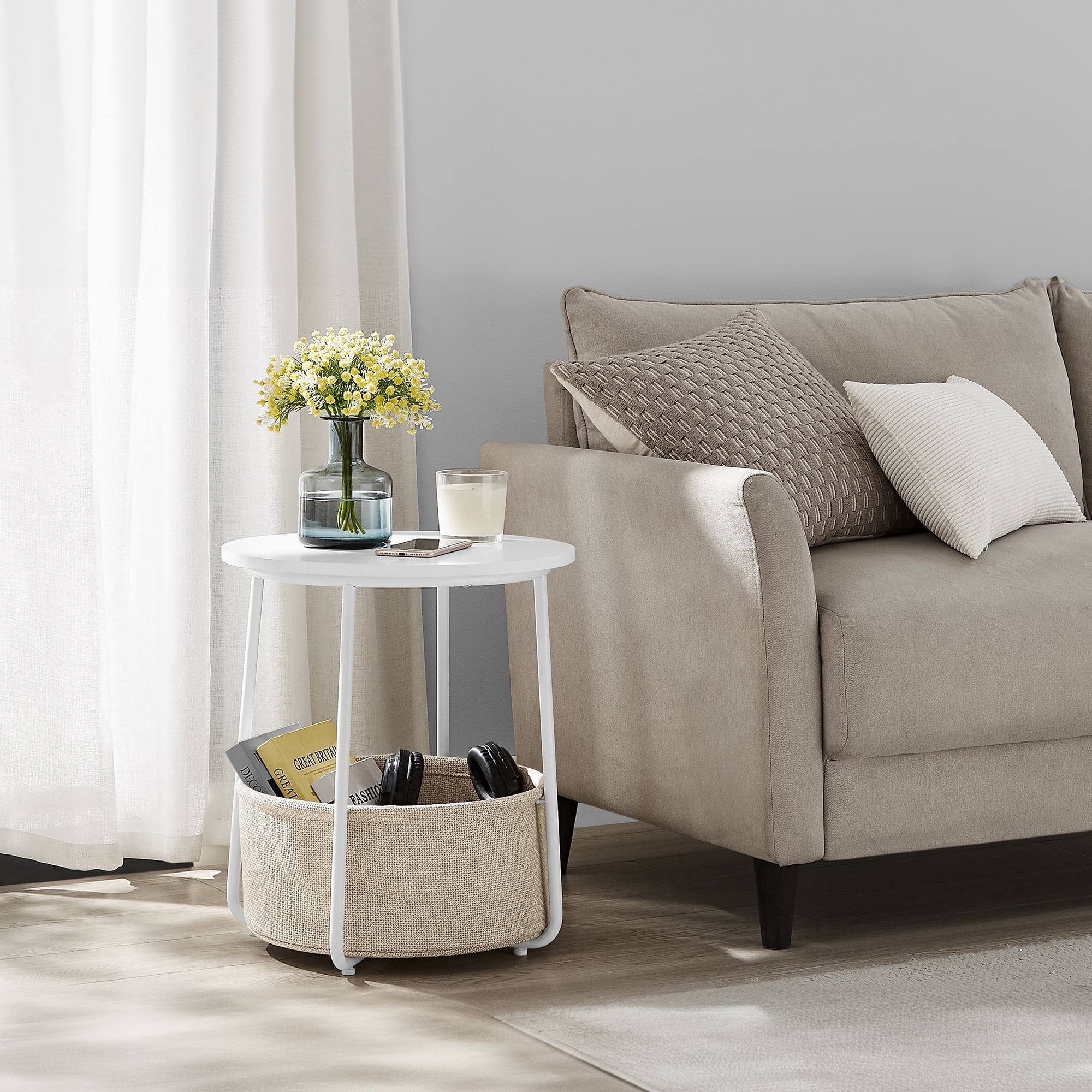 LEDREM Round End Table with Fabric Basket, Side Tables Nightstand for Livingroom, White & Brown ...