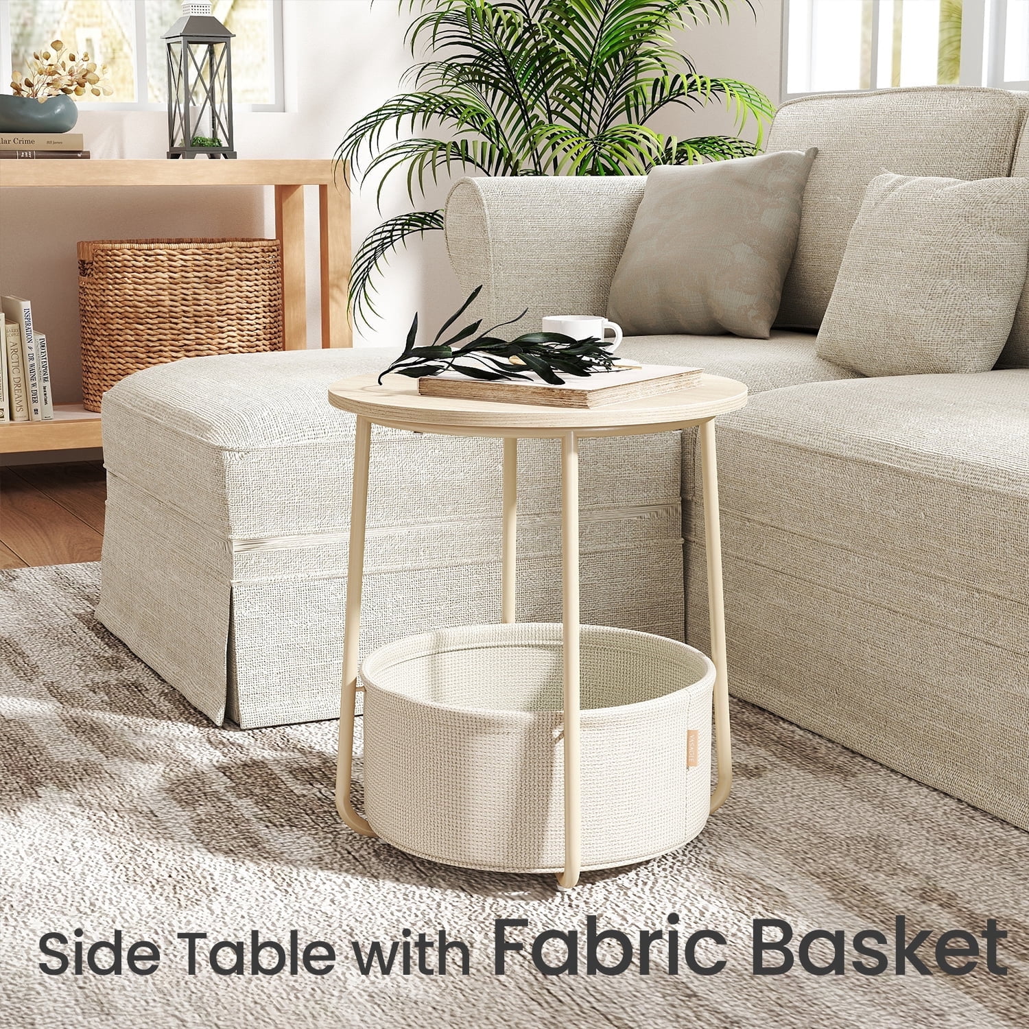 LEDREM Round End Table with Fabric Basket, Side Tables Nightstand for ...