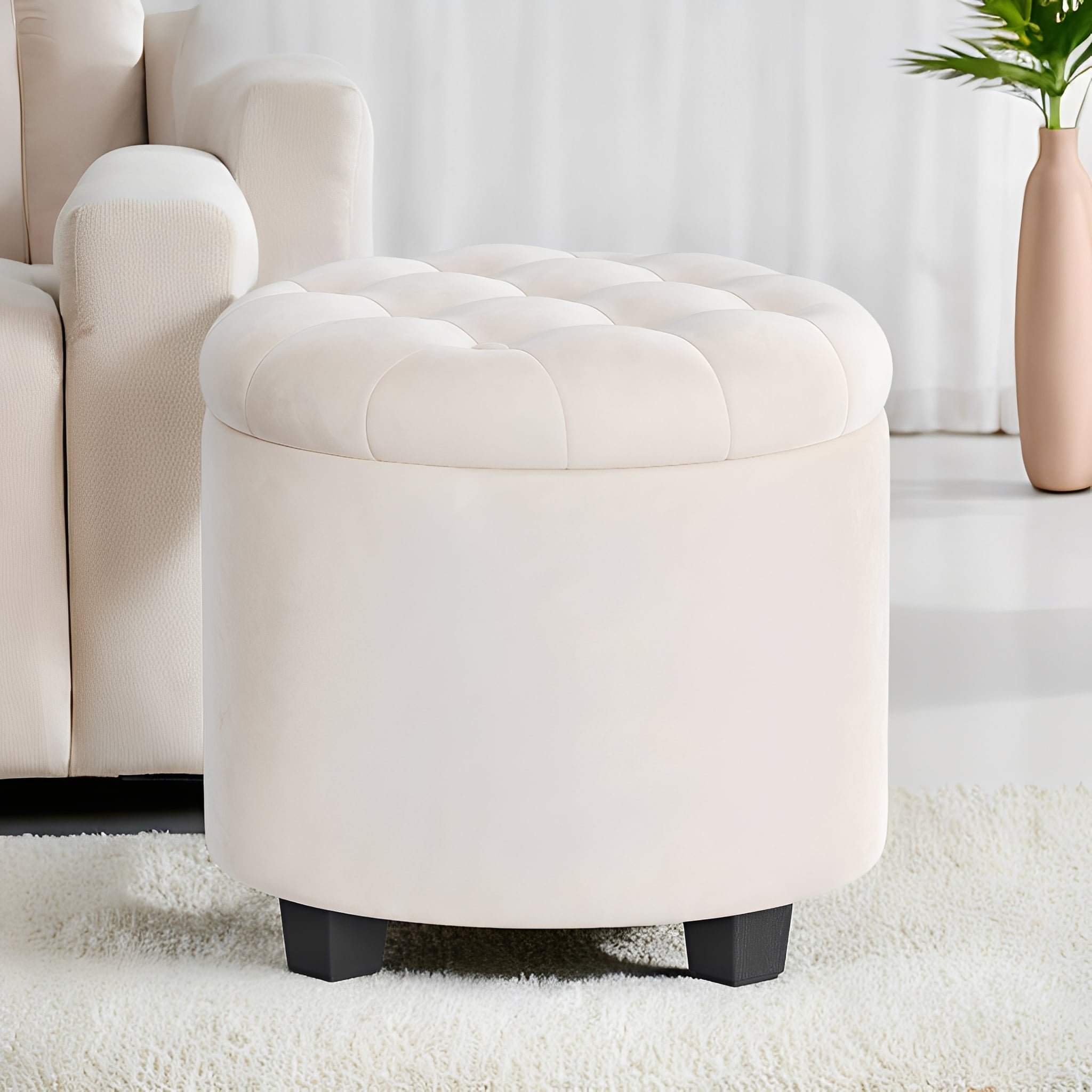 LEDREM Round Velvet Storage Ottoman - 17.7" Foot Rest Stool with Hidden ...