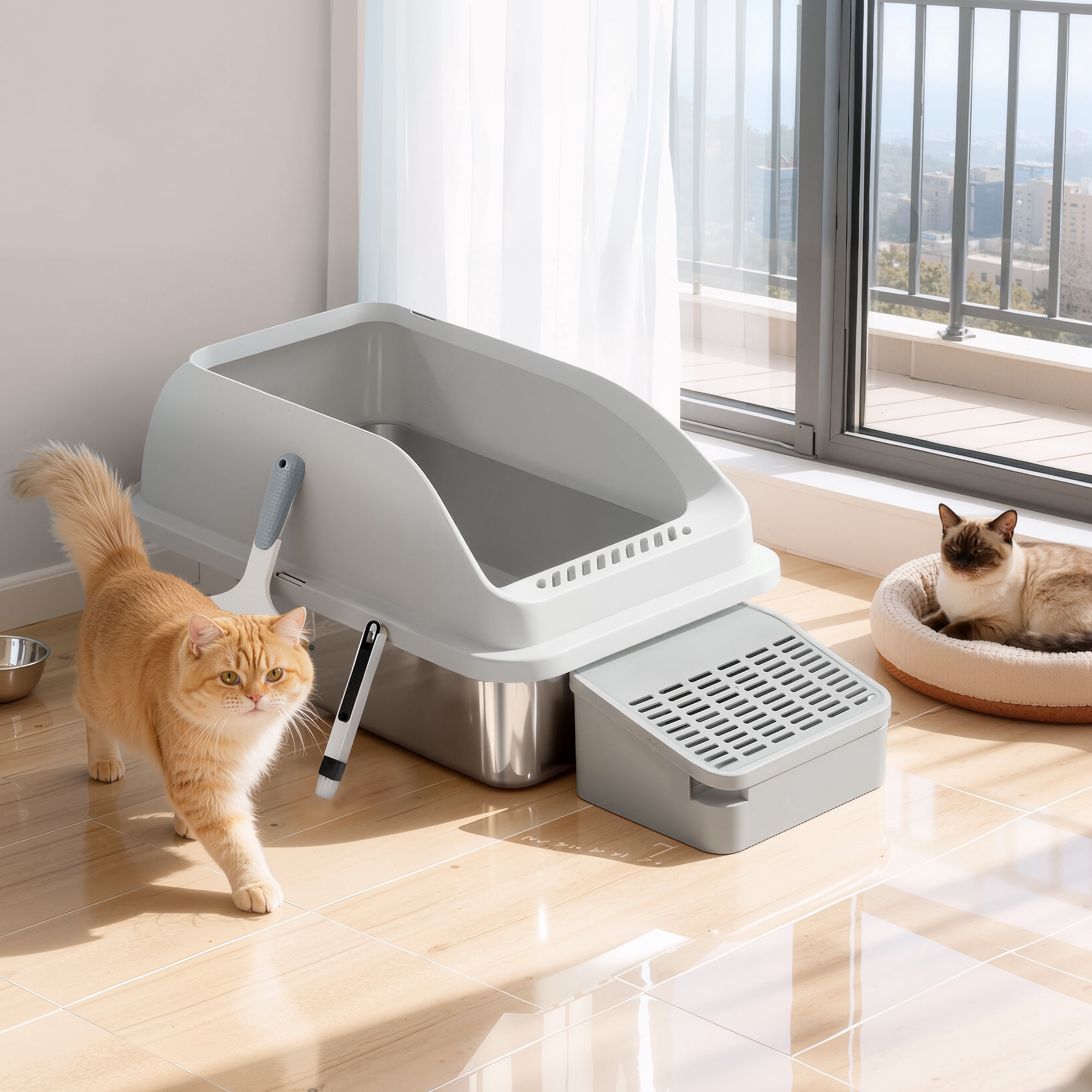 LEDREM Stainless Steel Open Top Cat Litter Box with Step, High-Sided ...