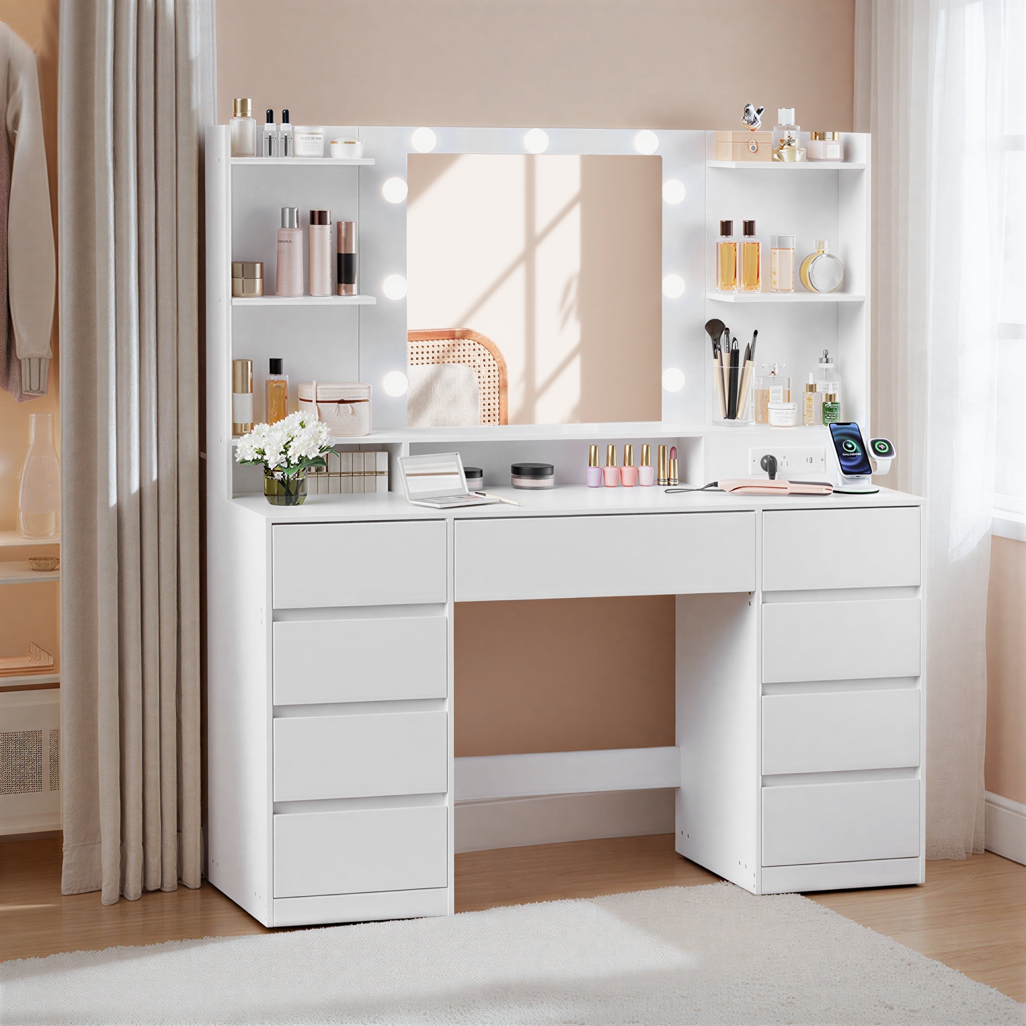 LEDREM Vanity Desk with LED Lights, Makeup Vanity With 9 Drawers & 8 ...
