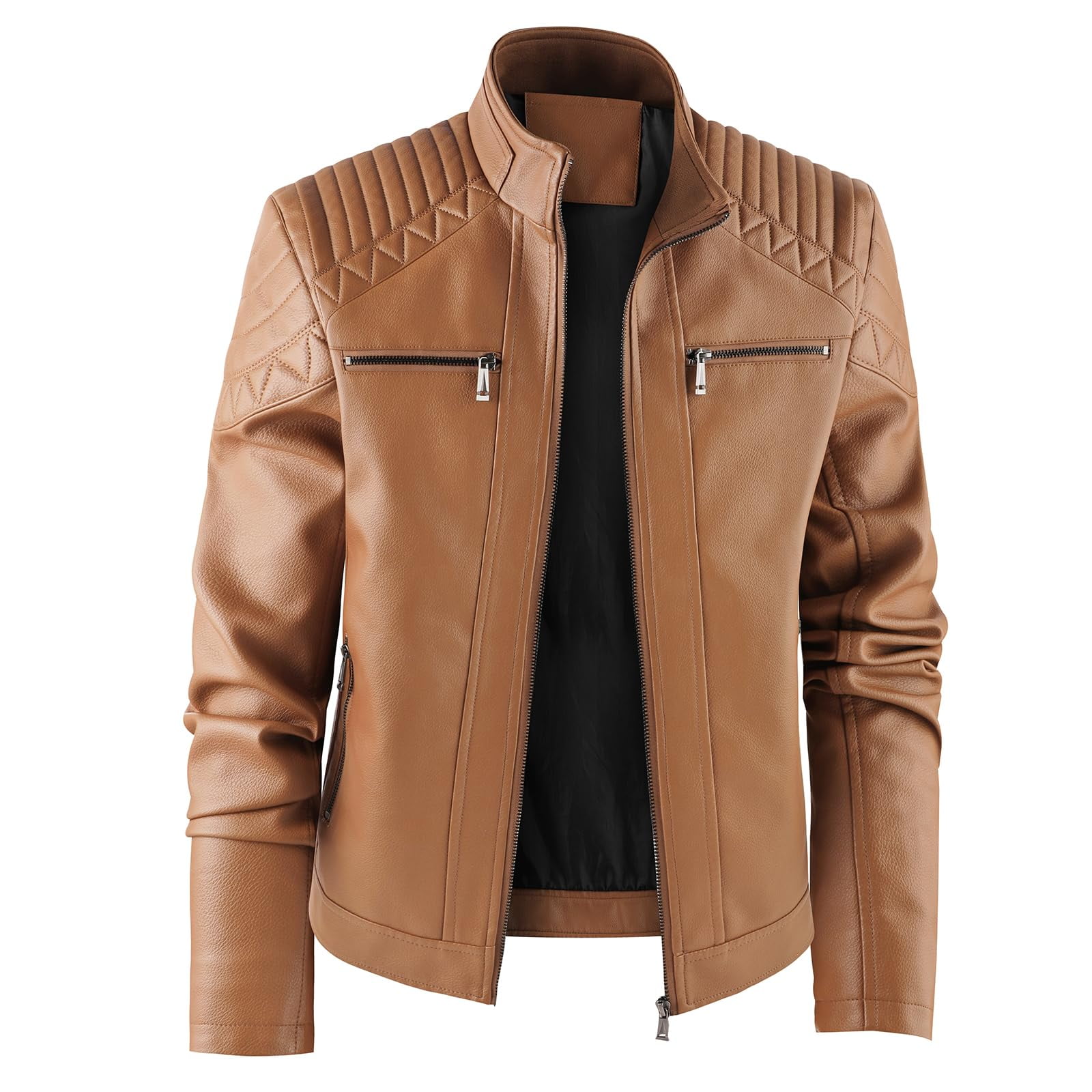 LEDUNTINO Men's Leather Jacket, Stand Collar PU Faux Leather, Zip-Up ...