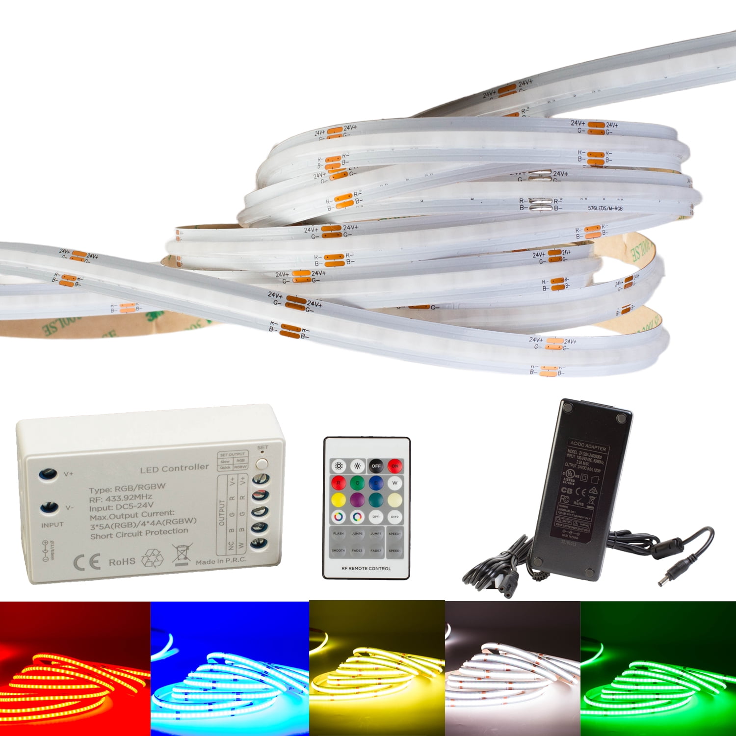 LEDupdates 24v COB RGB color changing LED Strip light + Controller + UL ...