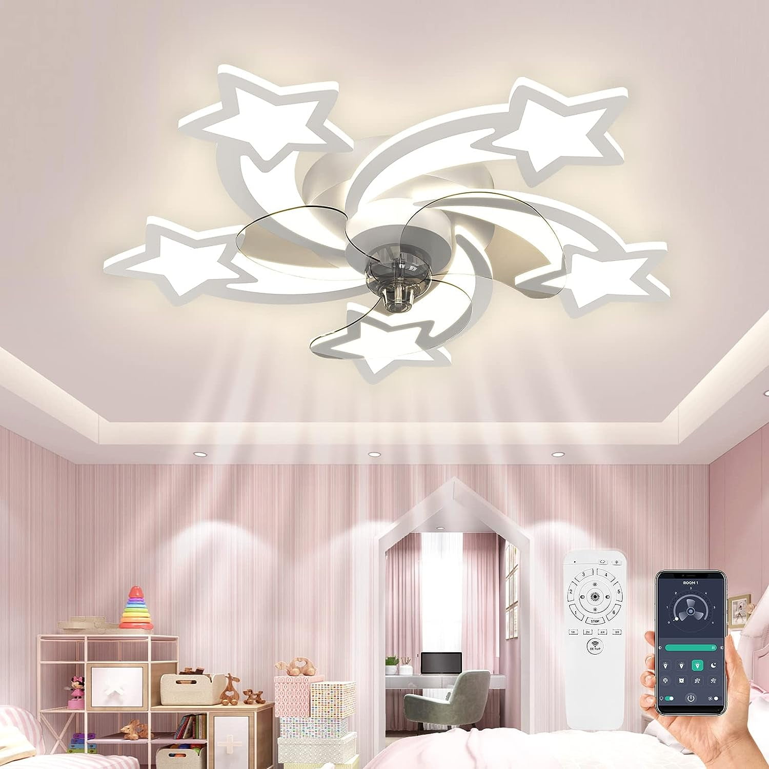 Funder 52-inch Pink Star & Crescent Childrens Room Lighted Ceiling Fan ...