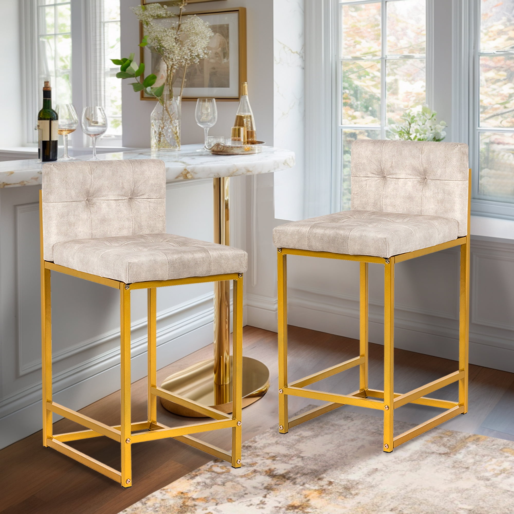 LEEJAY 24 inch Beige Bar Stools with Back Set of 2,Velvet Counter ...
