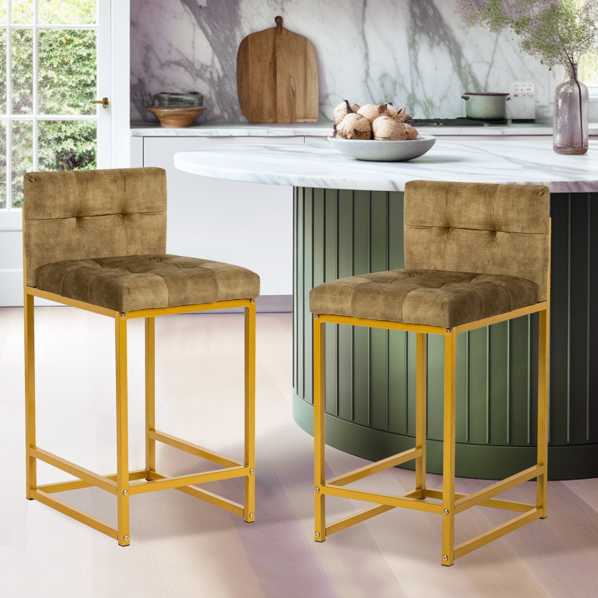 LEEJAY 24 inch Green Bar Stools with Back Set of 2,Velvet Counter ...