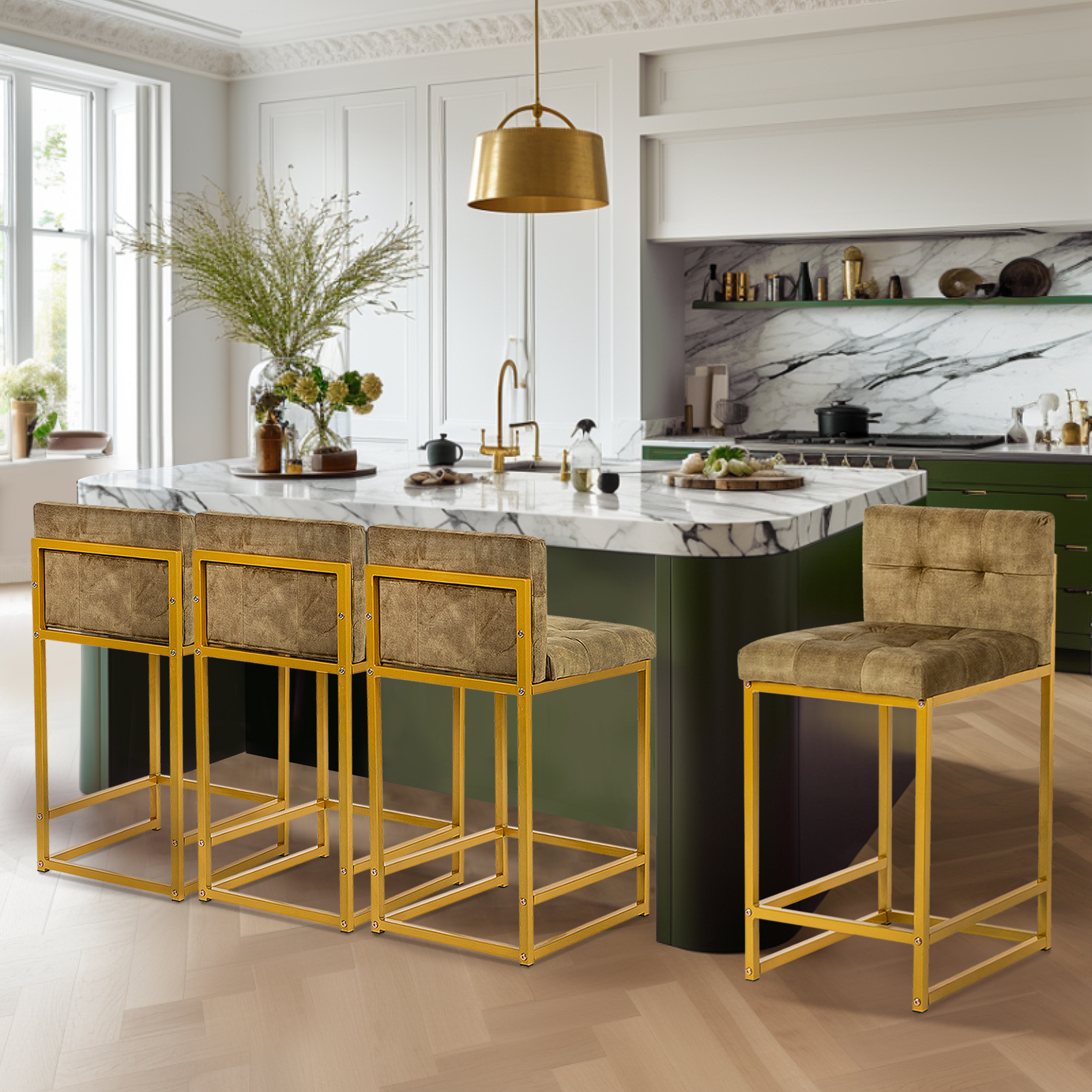 LEEJAY 24 inch Green Bar Stools with Back Set of 4,Velvet Counter ...