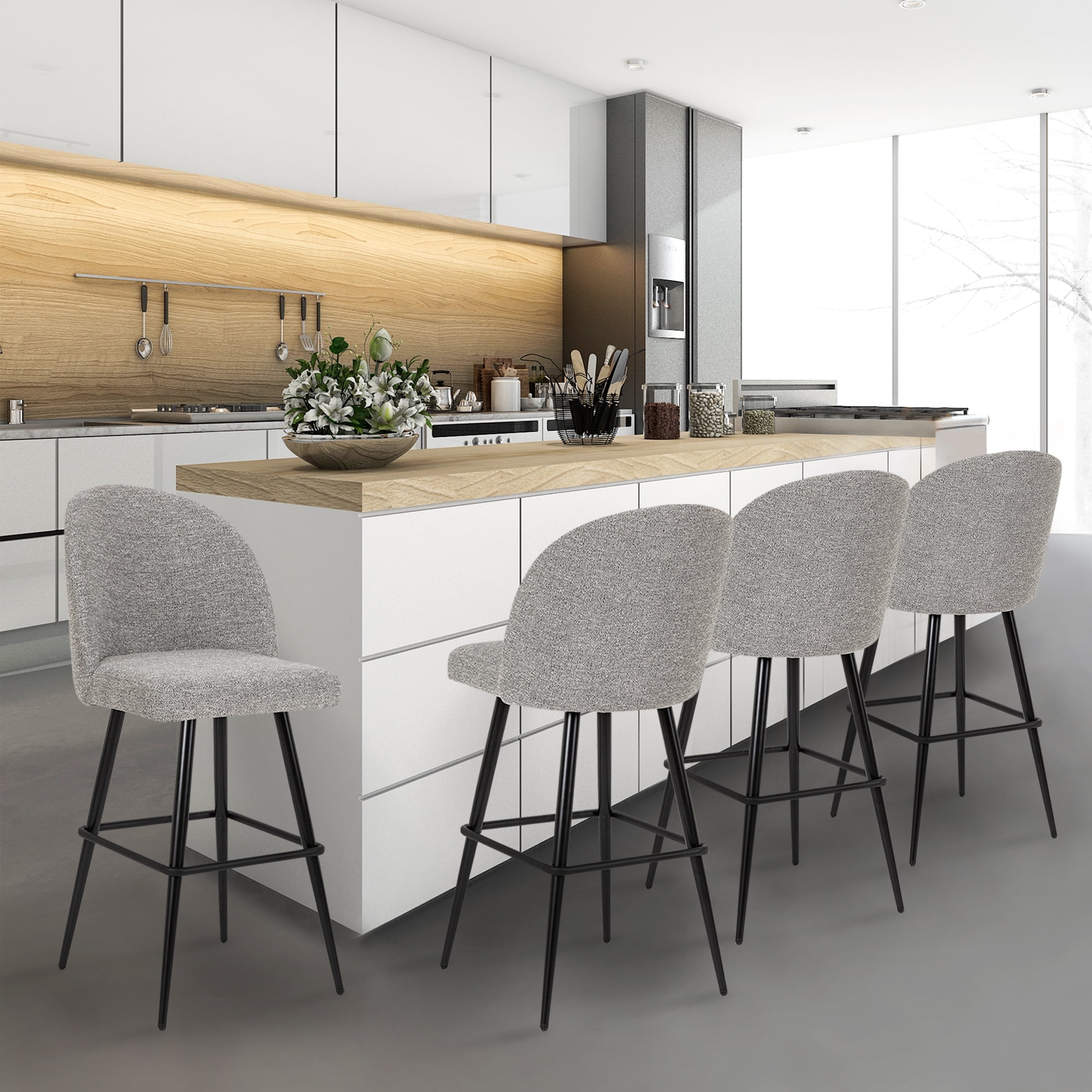 LEEJAY Gray Counter Height Bar Stools Set of 4 ,Modern Linen Bar Chairs with Back for Kitchen ...