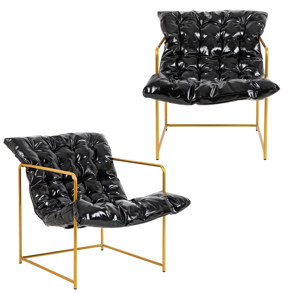 LEEJAY Modern Faux Leather Accent Chair Set of 2,Gold Metal Frame Armchair for Living Room,Black ...