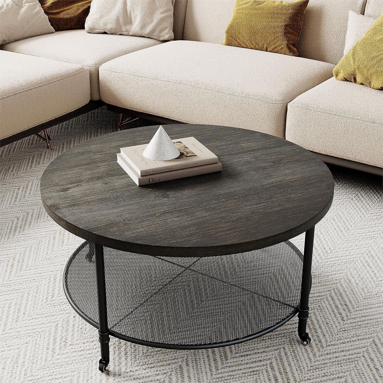 LEEMTORIG 35.4" Round Coffee Table with Wheels, Industrial Circle ...