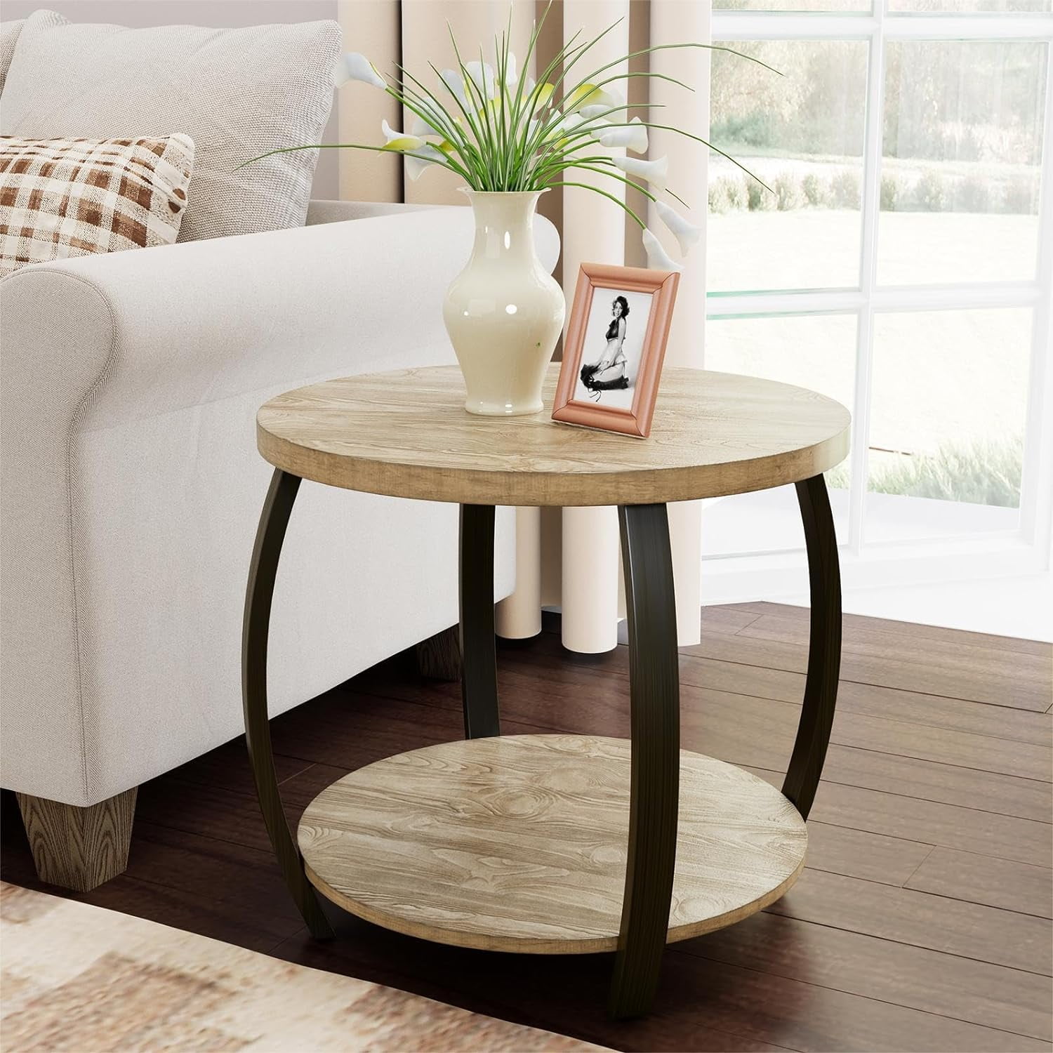 LEEMTORIG Drum End Side Table Round Wood End Tables Living Room, Mid ...