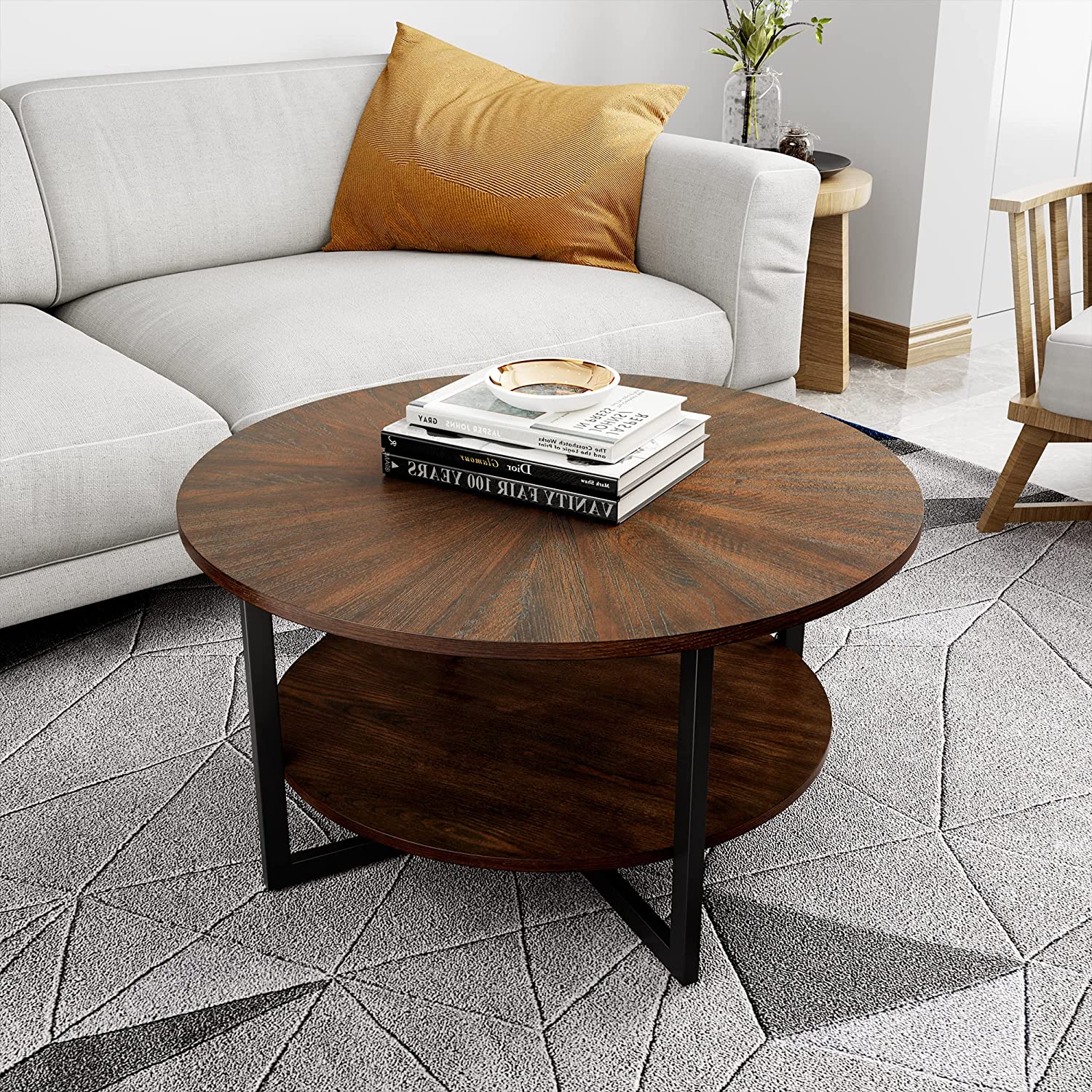LEEMTORIG Round Coffee Table with Storage, Farmhouse Coffee Table for ...