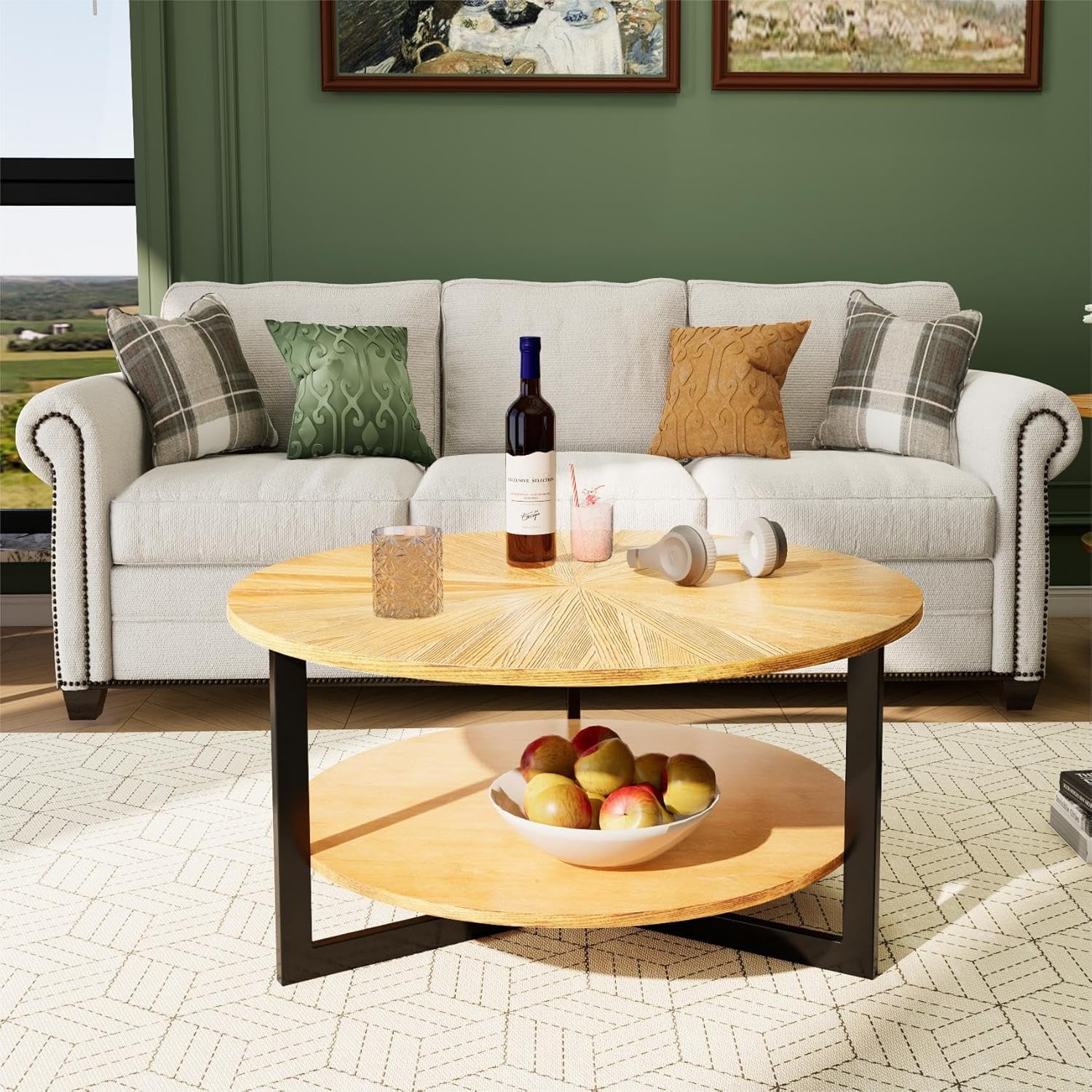 LEEMTORIG Round Coffee Table with Storage, Farmhouse Coffee Table for ...