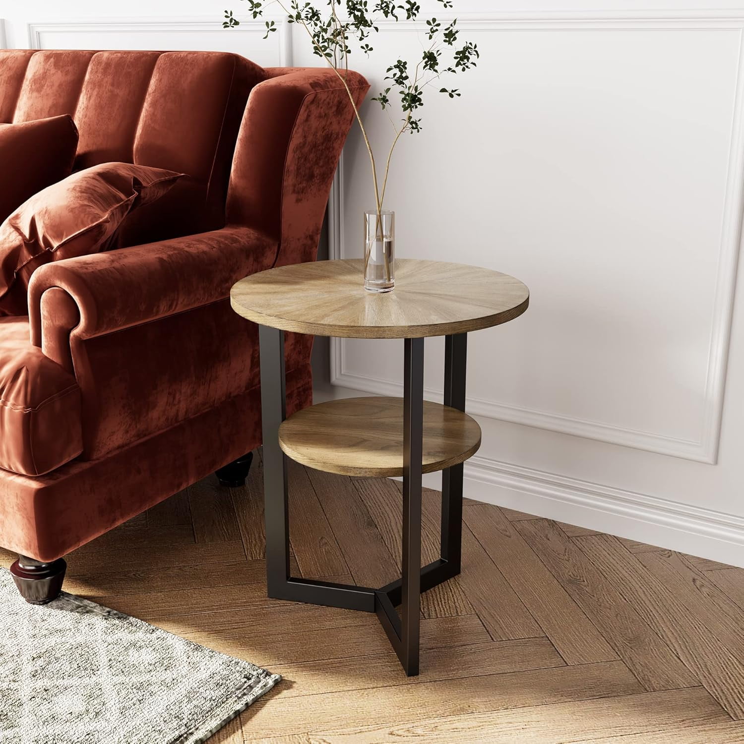 LEEMTORIG Round Side Table, 2-Tier High End Table Nightstand with Metal ...