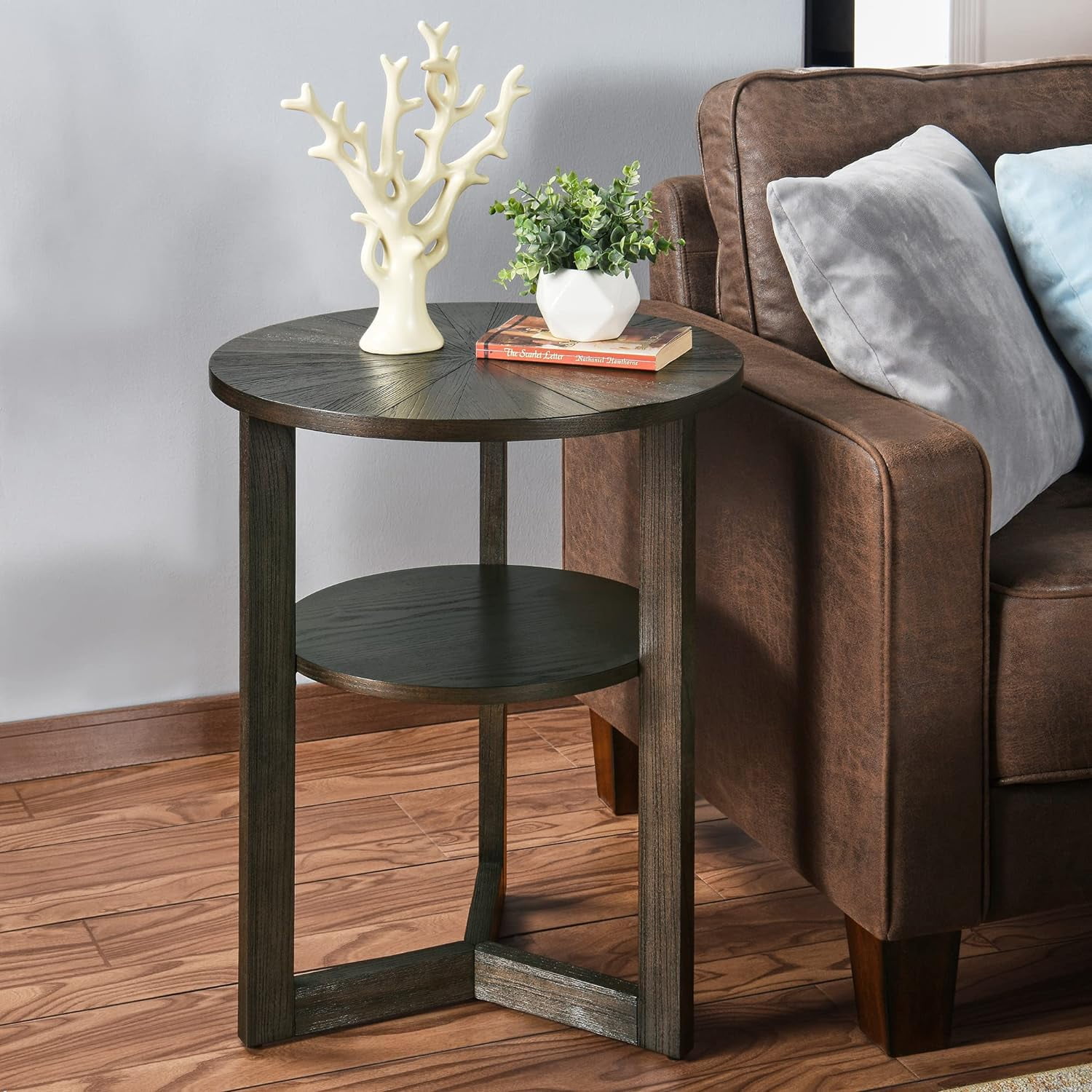 LEEMTORIG Round Side Table with 2-Tier Storage, High End Table Solid ...