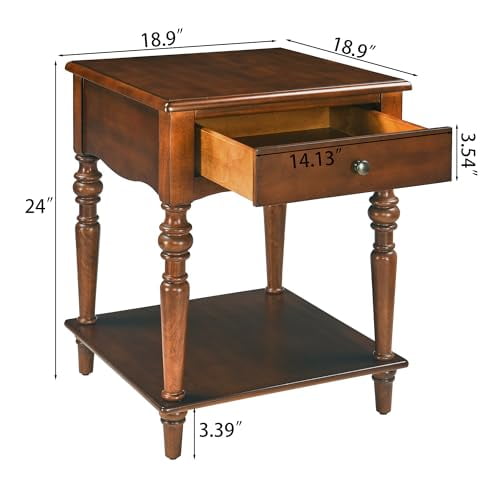 LEEMTORIG Solid Wood End Table with Storage Drawer, Square 2-Tier ...
