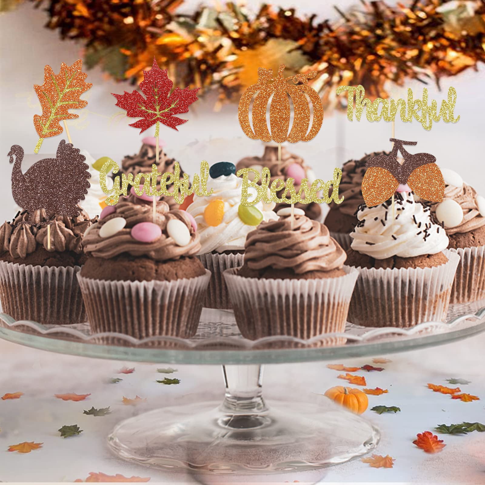 LEESKY Thanksgiving Cupcake TWE5 Toppers Thankful Blessed Cupcake ...