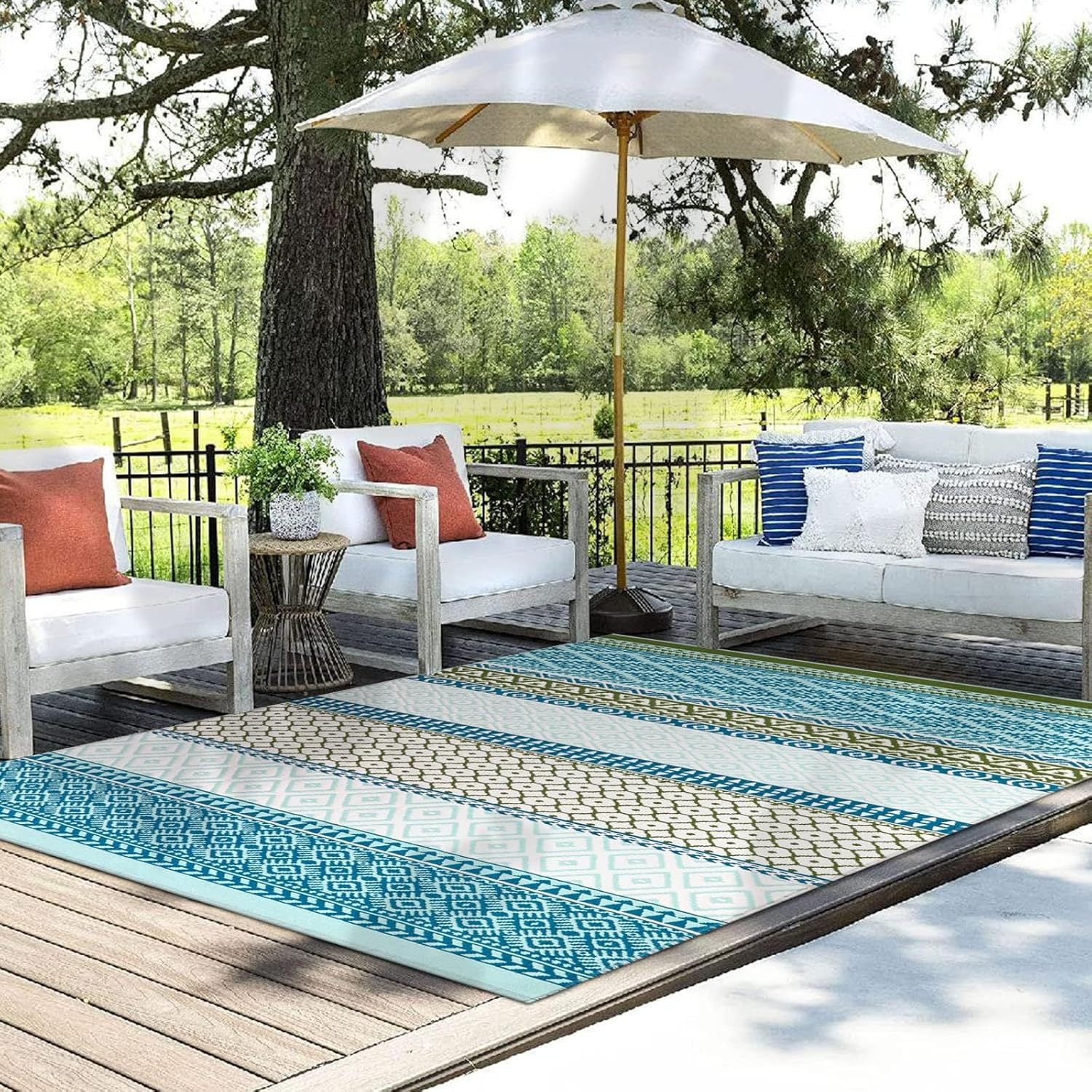LEEVAN Outdoor Rug 5x7, Machine Washable Patio Rug Woven Reversible ...