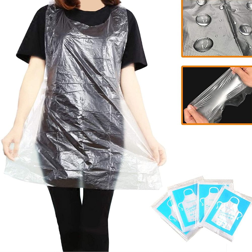 LEEYNEER 100 White Plastic Disposable Aprons For Cooking Painting and ...