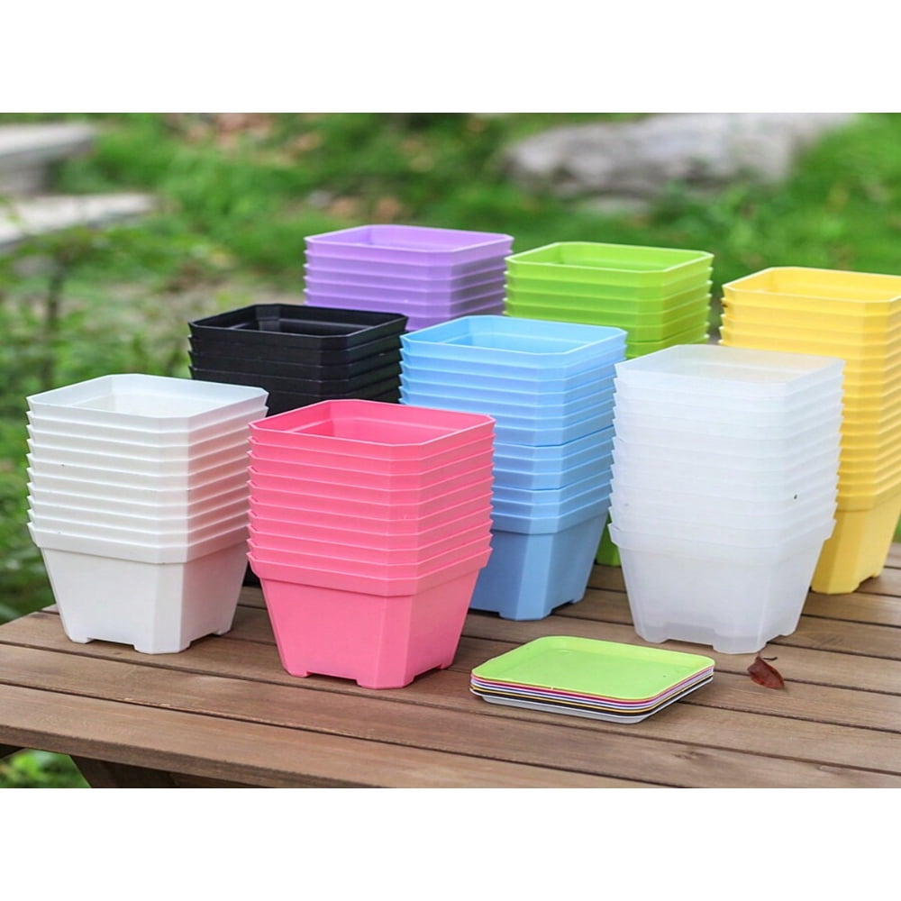 LEEYNEER 10pcs/set Mini Mixed Color Square Flower Pot With Tray Plastic ...