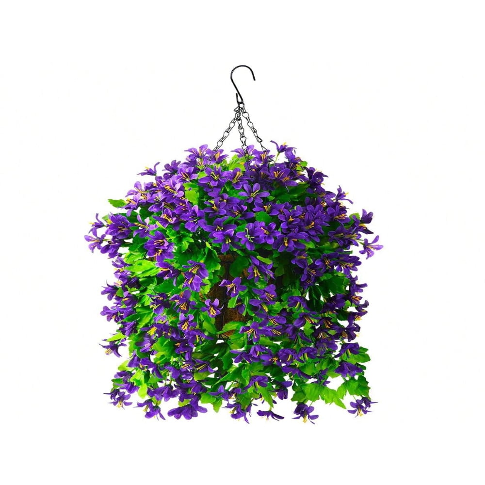LEEYNEER 2pcs Artificial Hanging Violet Flowers In Basket For Patio ...