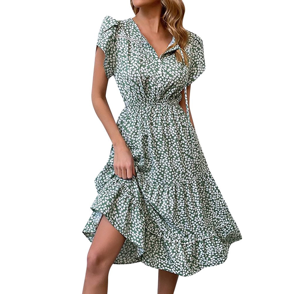 LEEYNEER Midi Dress for Women V Neck Short Sleeve Drawstring Ruffle ...