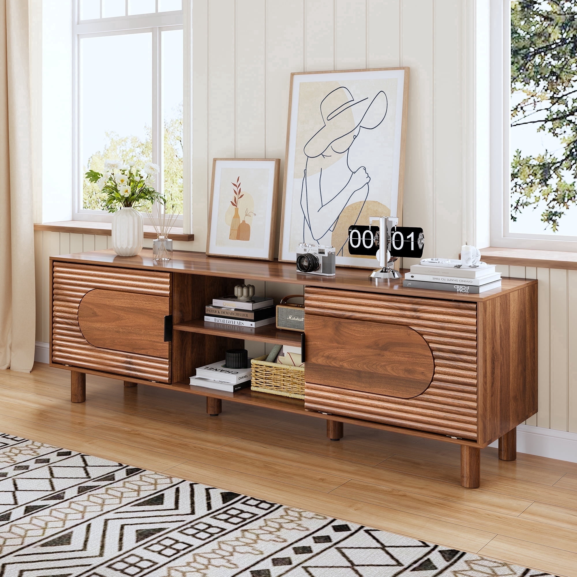 LEFHDA 63" Mid Century Modern TV Stand, Wooden Media Console Cabinet ...
