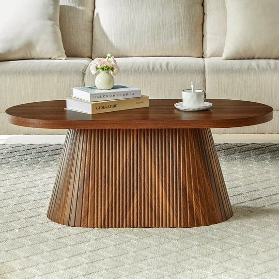 Miniyam Oval Wood Coffee Table with Fluted Design, Walnut Finish Modern ...