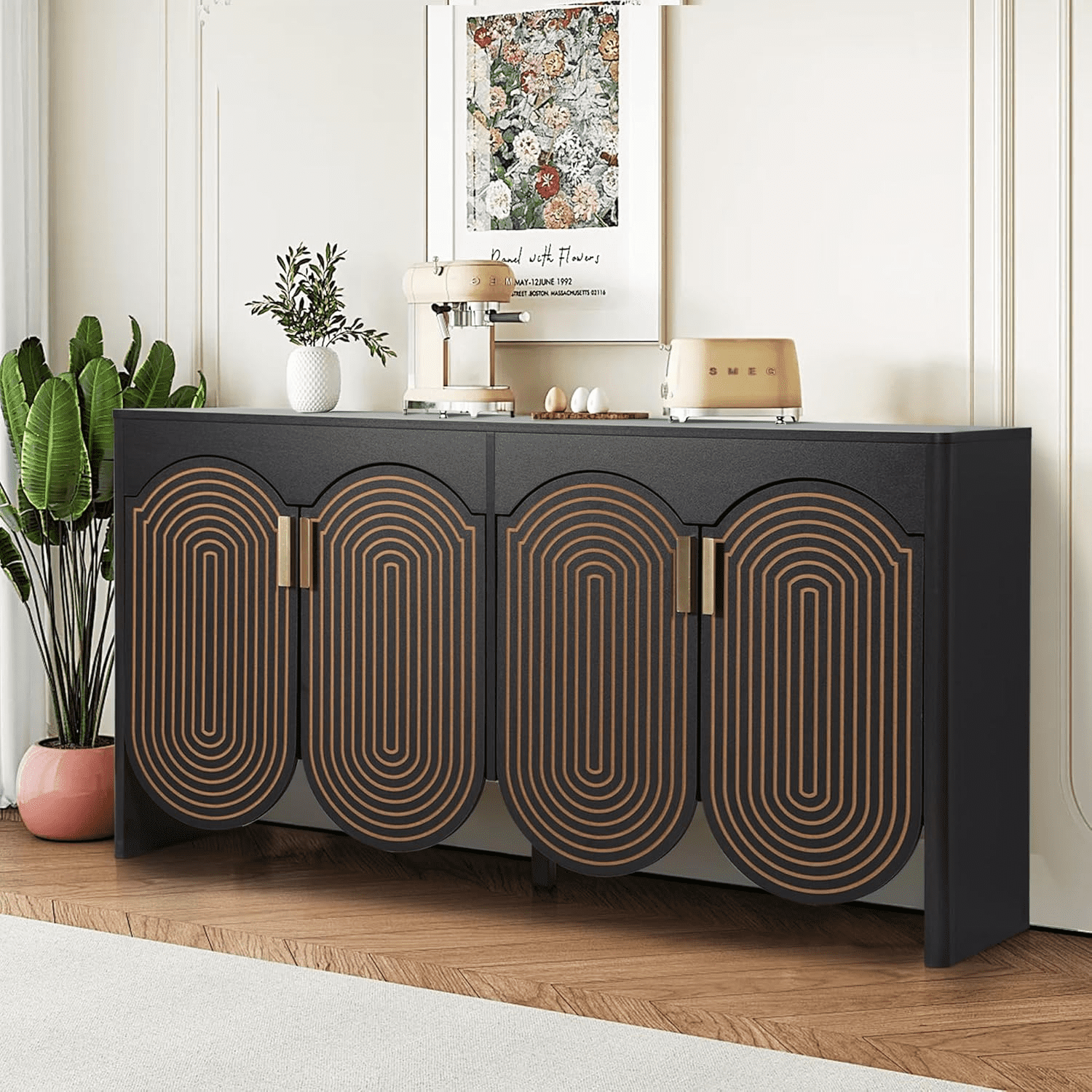 LEFHDA Sideboards and Buffets with Storage, Rounded Edge Engraved Line Design Cabinets, 57.9 ...