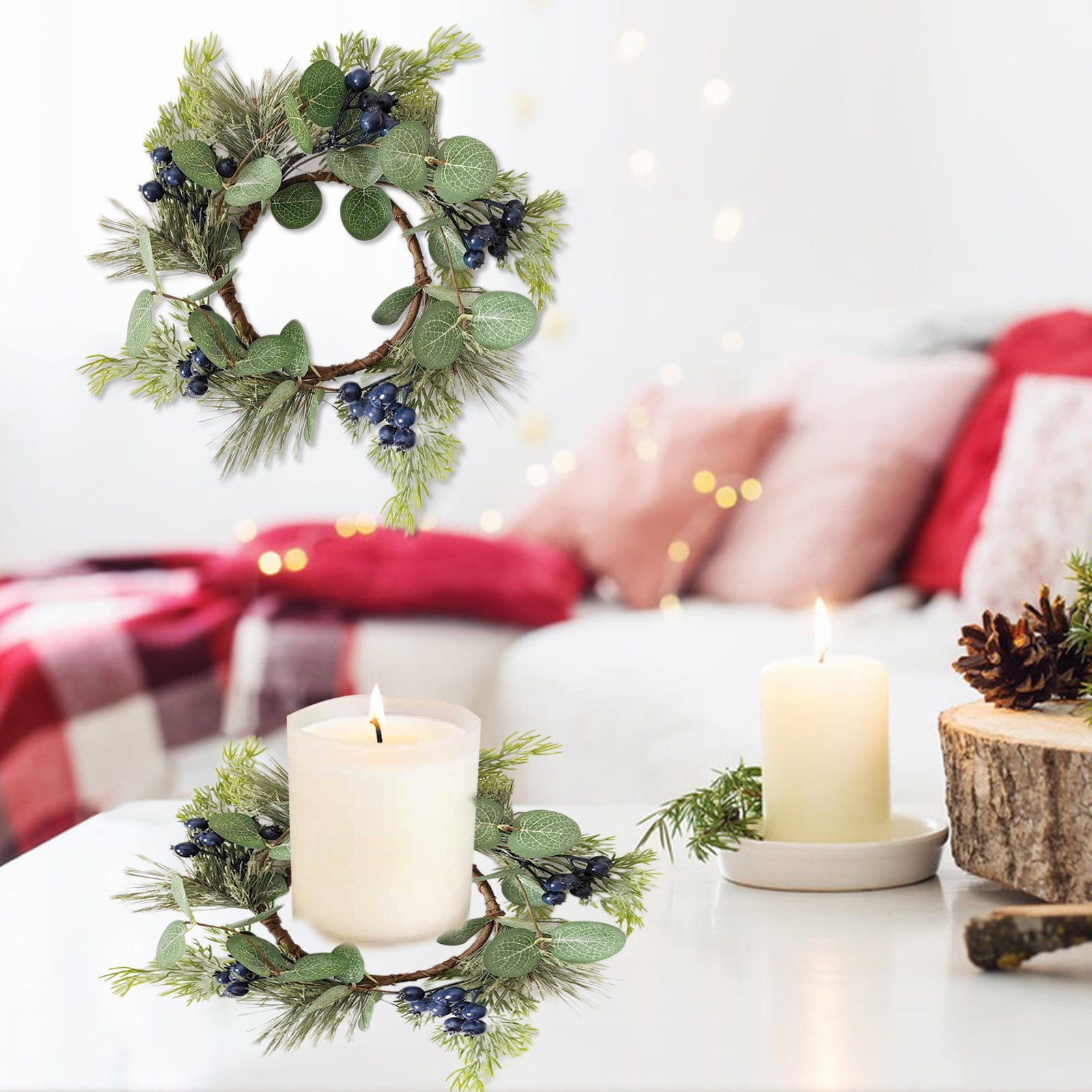 LEFTHIGH Home Christmas Candle Rings Artificial Red Berries Cedarwood ...