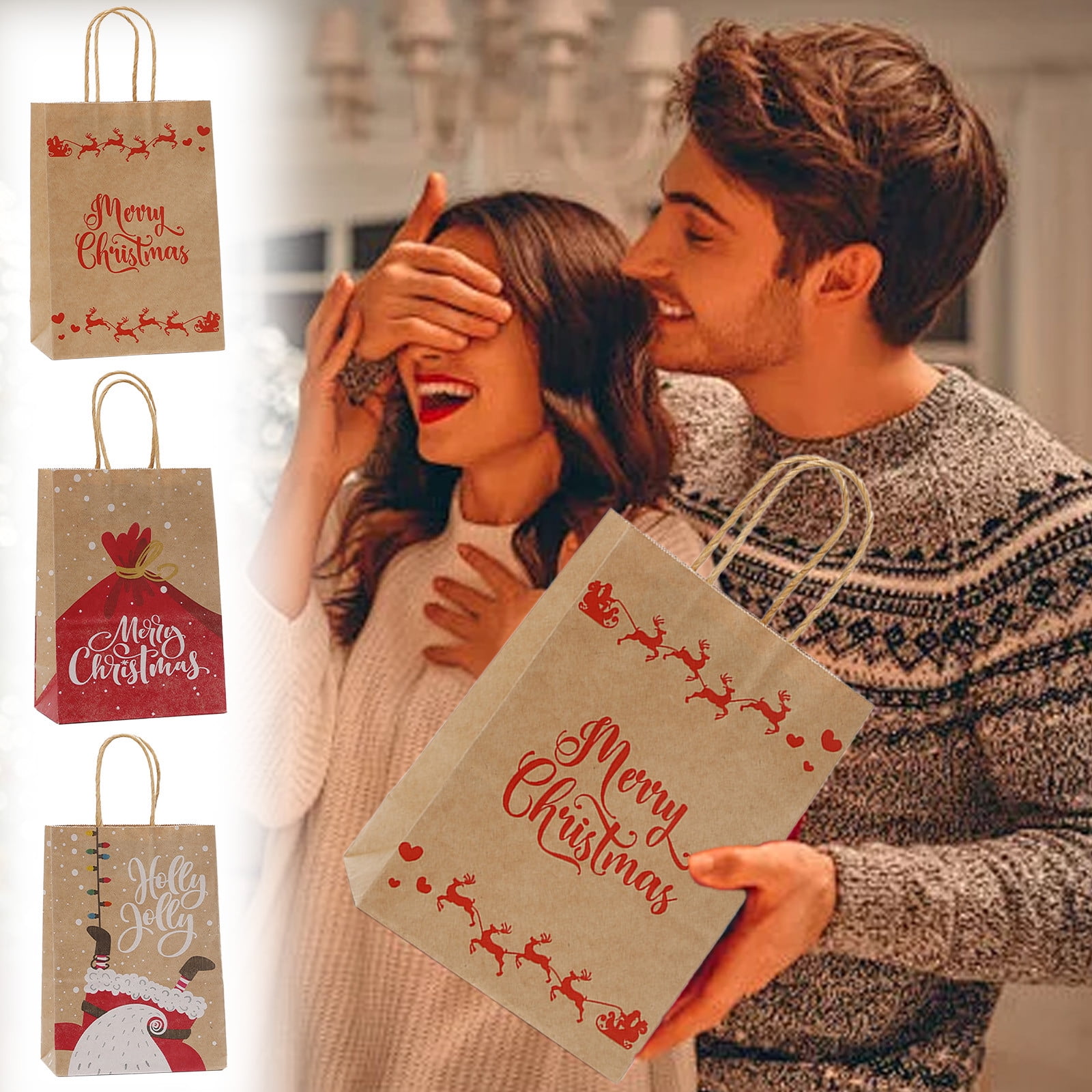 LEFTHIGH Home Christmas Kraft Paper Bags Gift Bags with Handles ...