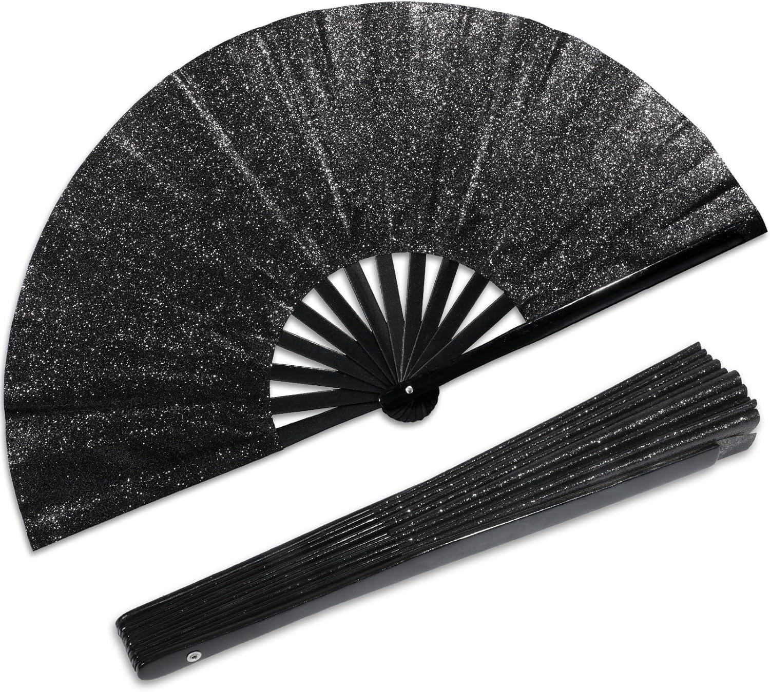 LEFUN Glitter Large Folding Hand Fan - Black Rave Clack Handheld ...