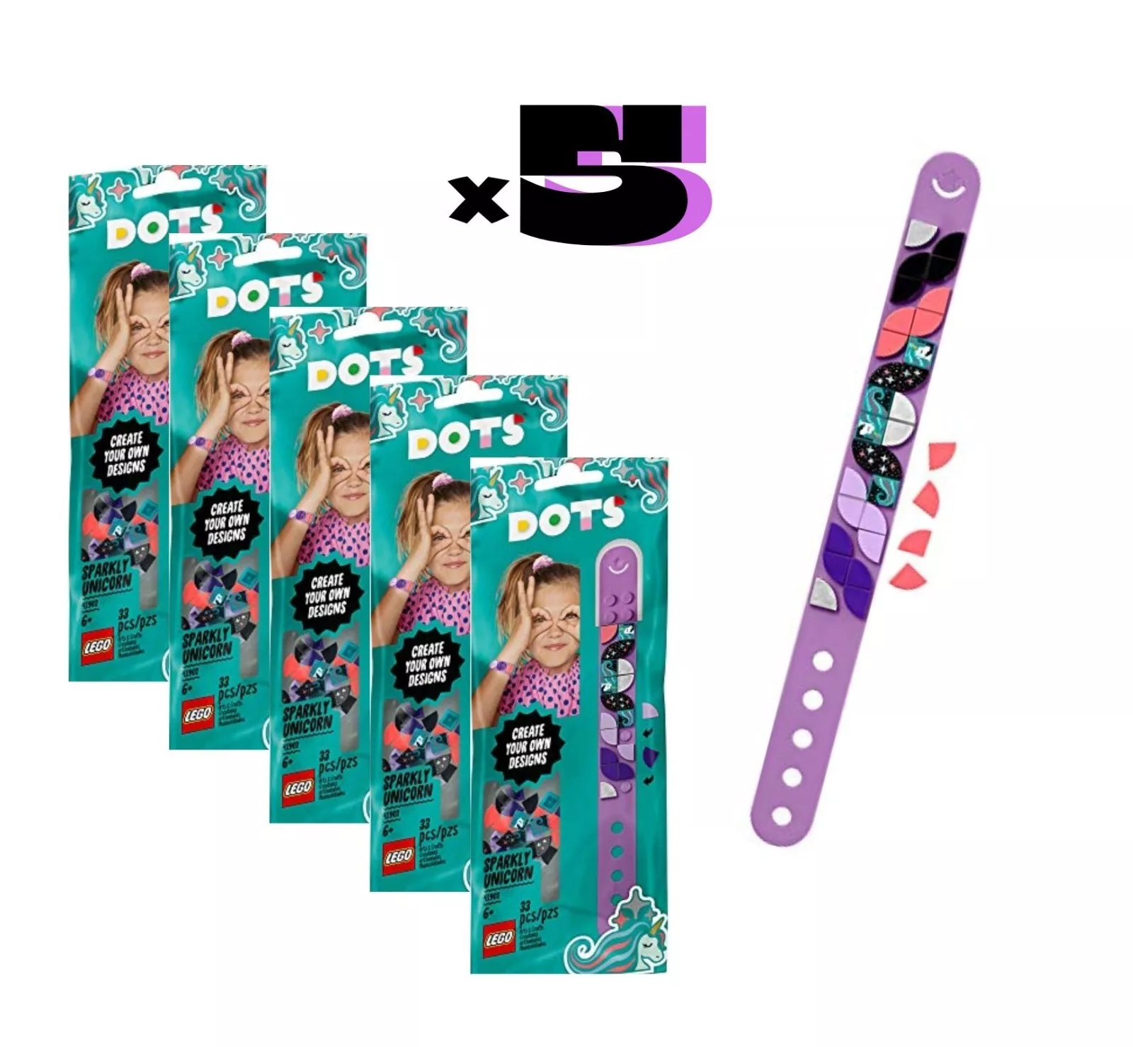 LEGO DOTS Party Pack - 5x Sparkly Unicorn Bracelet 41902 Birthday ...
